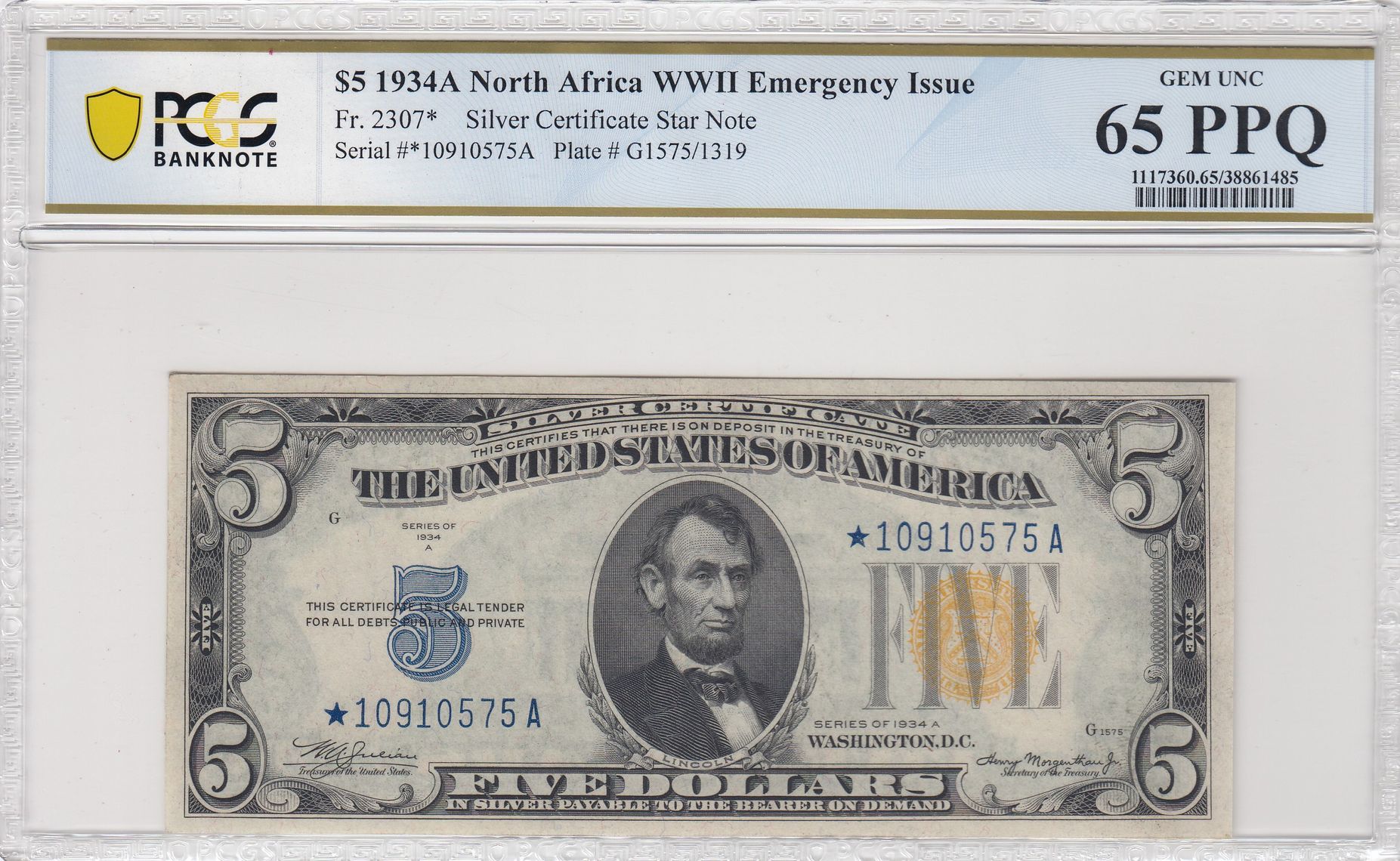 Fr. 2307* 1934A $5 Silver Certificate Star Note North Africa WWII ...
