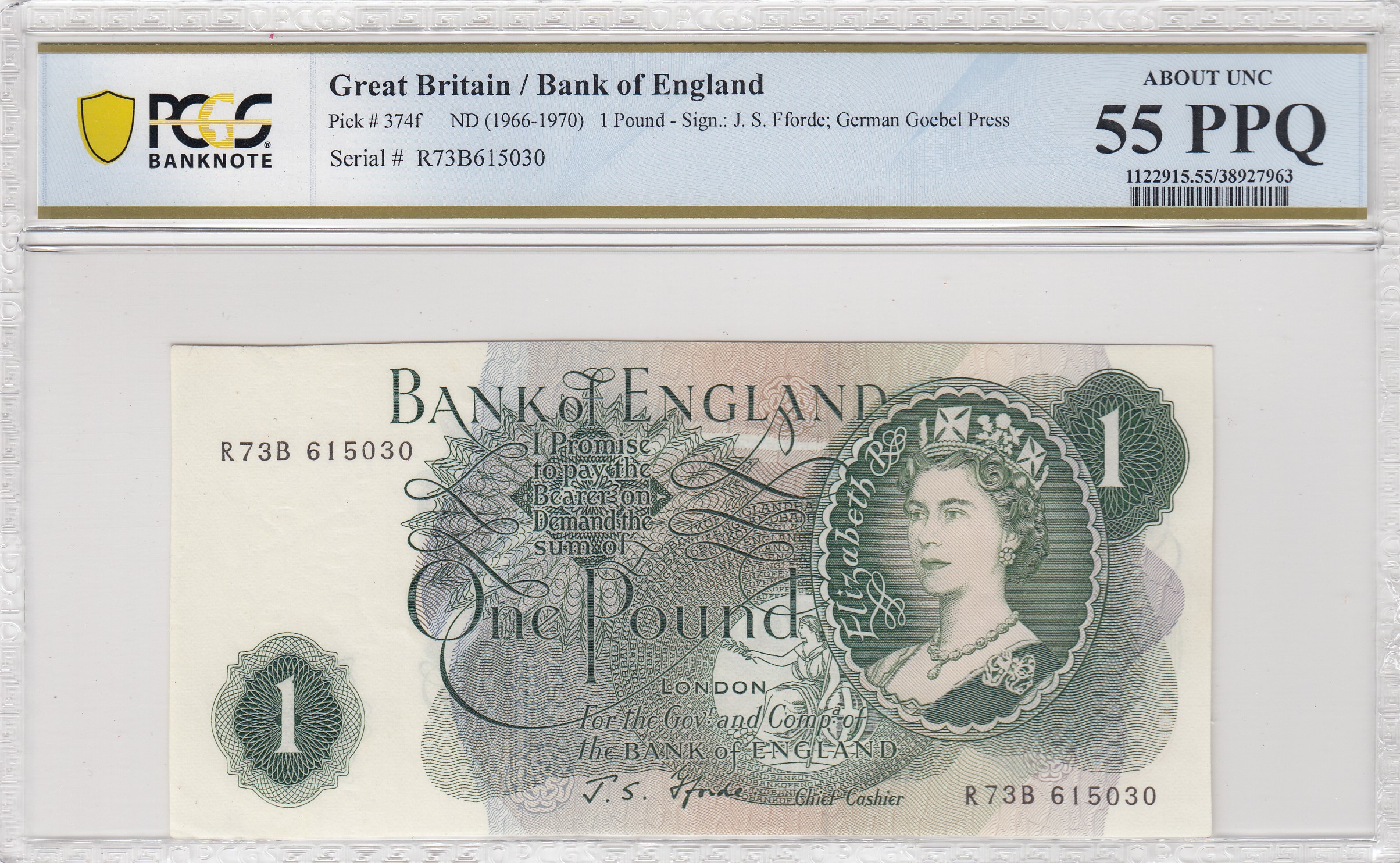 Pick # 374f ND (1966-1970) 1 Pound Bank of England Sign.: J. S. Fforde ...