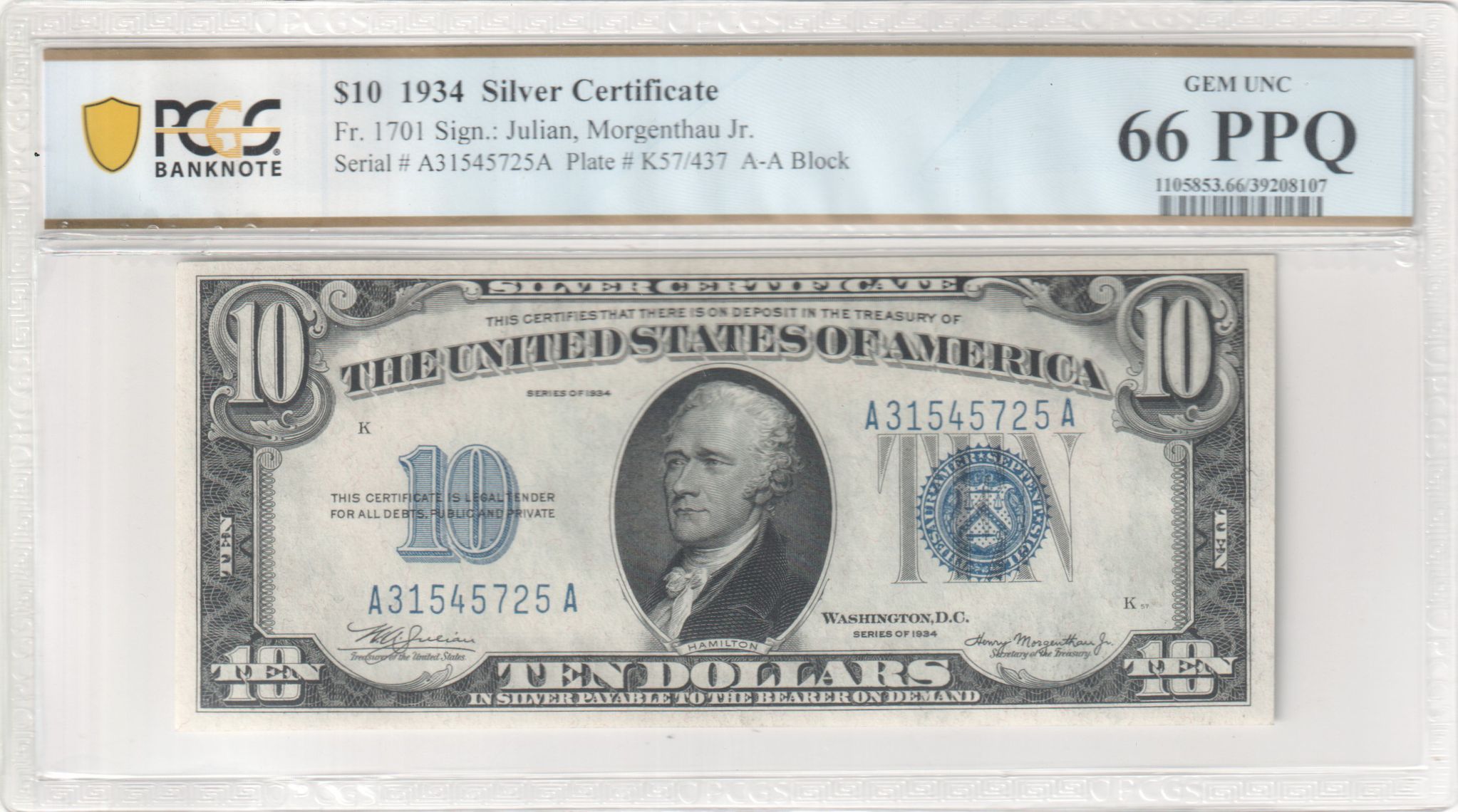 PCGS Certificate Verification Banknote Details for Cert #39208107