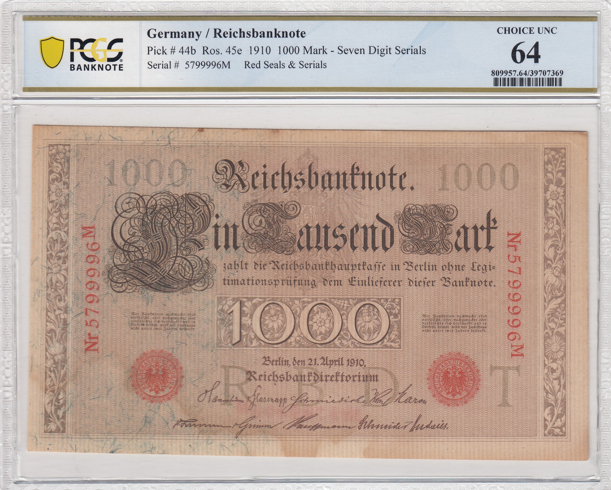 Pick # 44b 1910 1000 Mark Imperial Treasury Note Seven Digit Serials ...