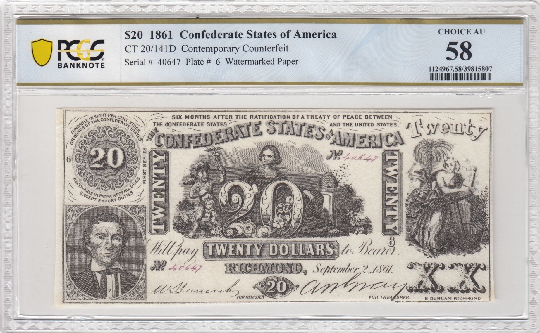 CT 20/141D 1861 $20 Confederate States of America Contemporary ...