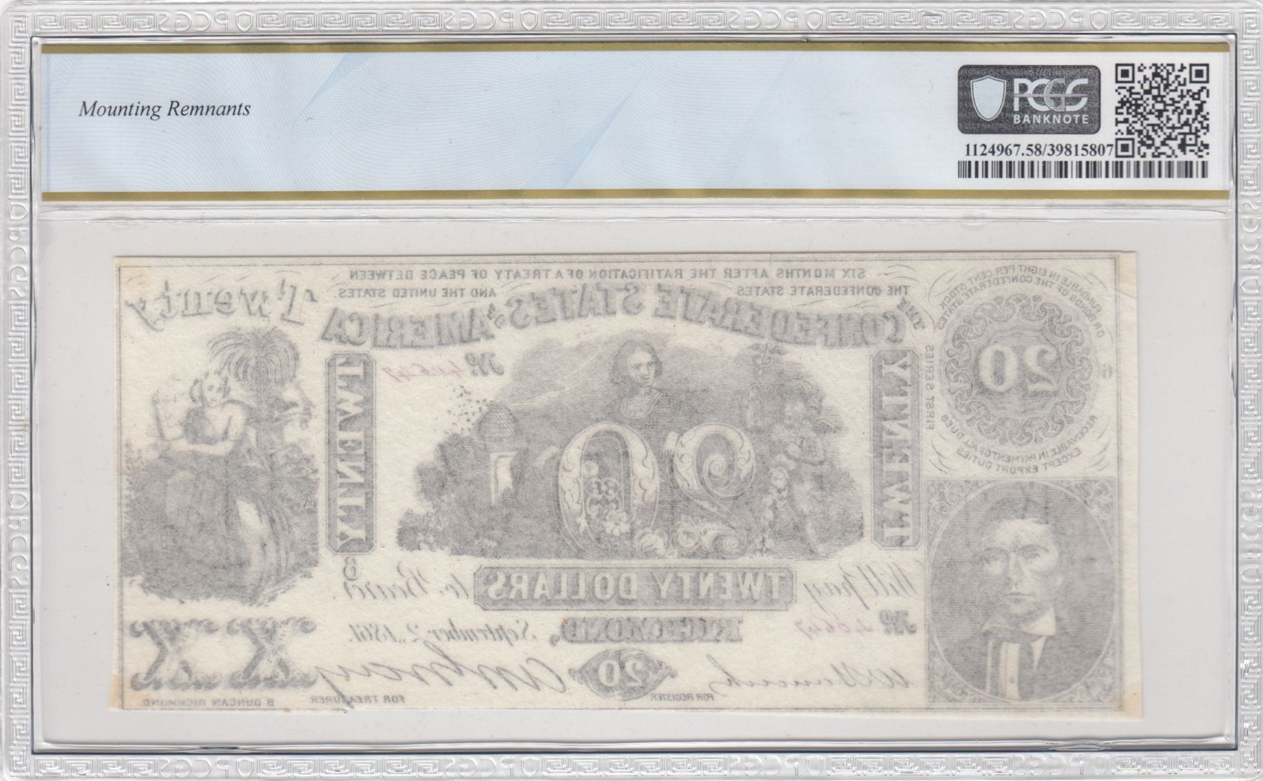CT 20/141D 1861 $20 Confederate States of America Contemporary ...