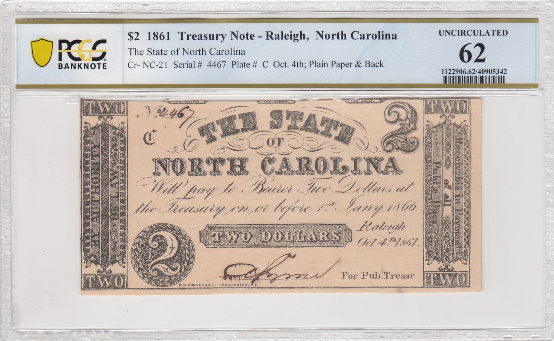 Cr- NC-21 1861 $2 The State of North Carolina Treasury Note - PCGS ...