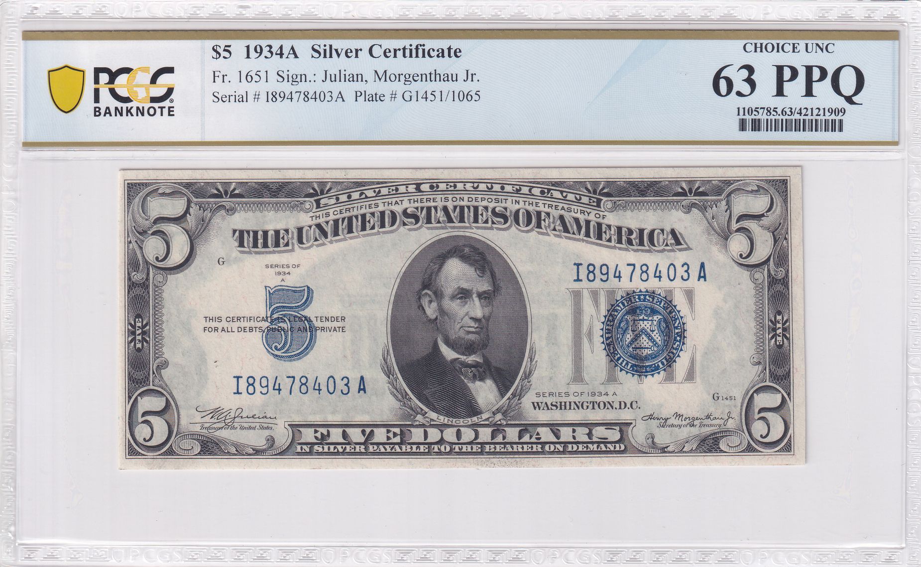 PCGS Certificate Verification Banknote Details for Cert #42121909