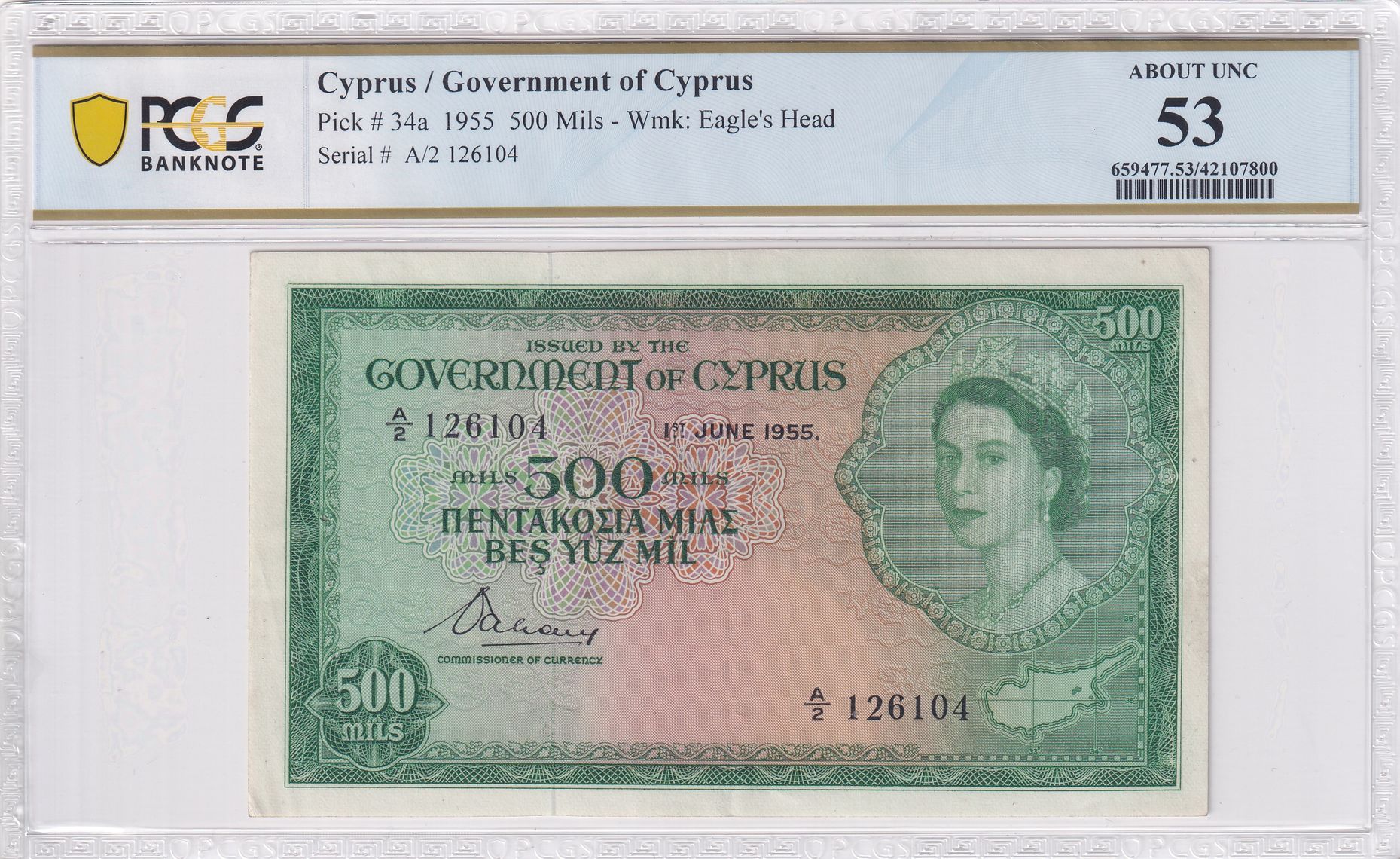 Pick # 34a 1955 500 Mils Government of Cyprus Wmk: Eagle's Head - PCGS ...