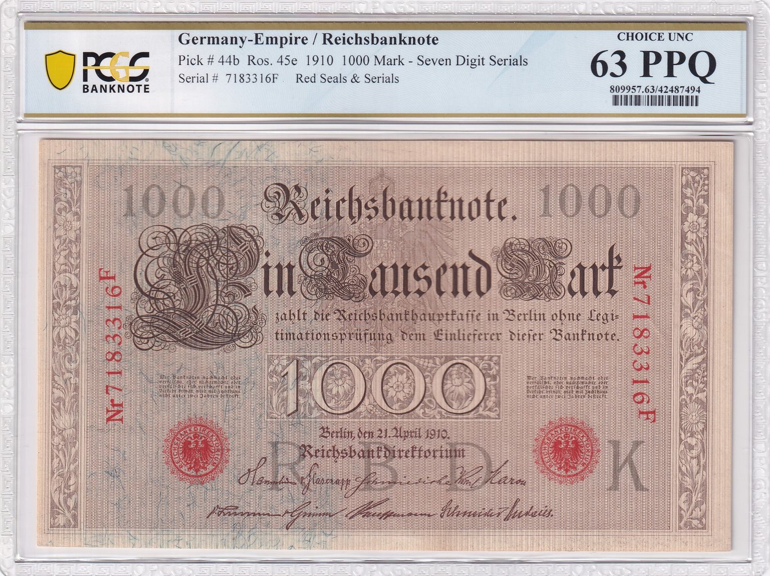 Pick # 44b 1910 1000 Mark Imperial Treasury Note Seven Digit Serials ...