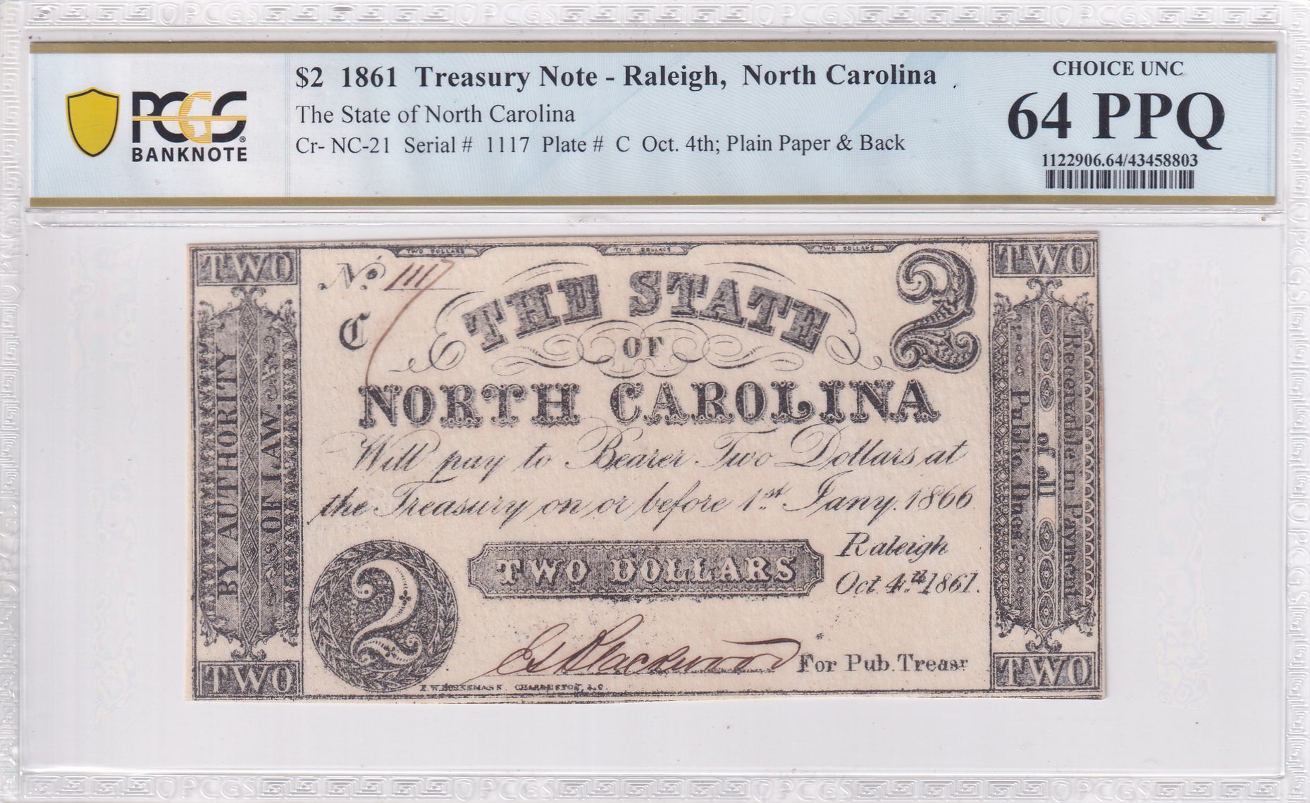 Cr- NC-21 1861 $2 The State of North Carolina Treasury Note - PCGS ...