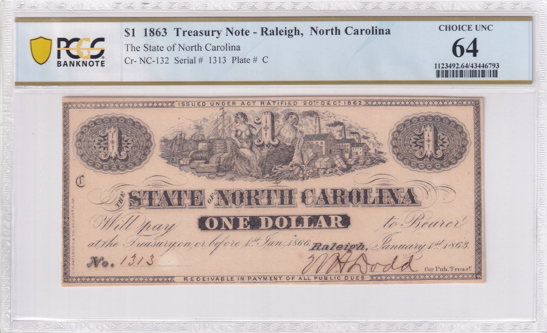 Cr- NC-132 1863 $1 The State of North Carolina Treasury Note - PCGS ...