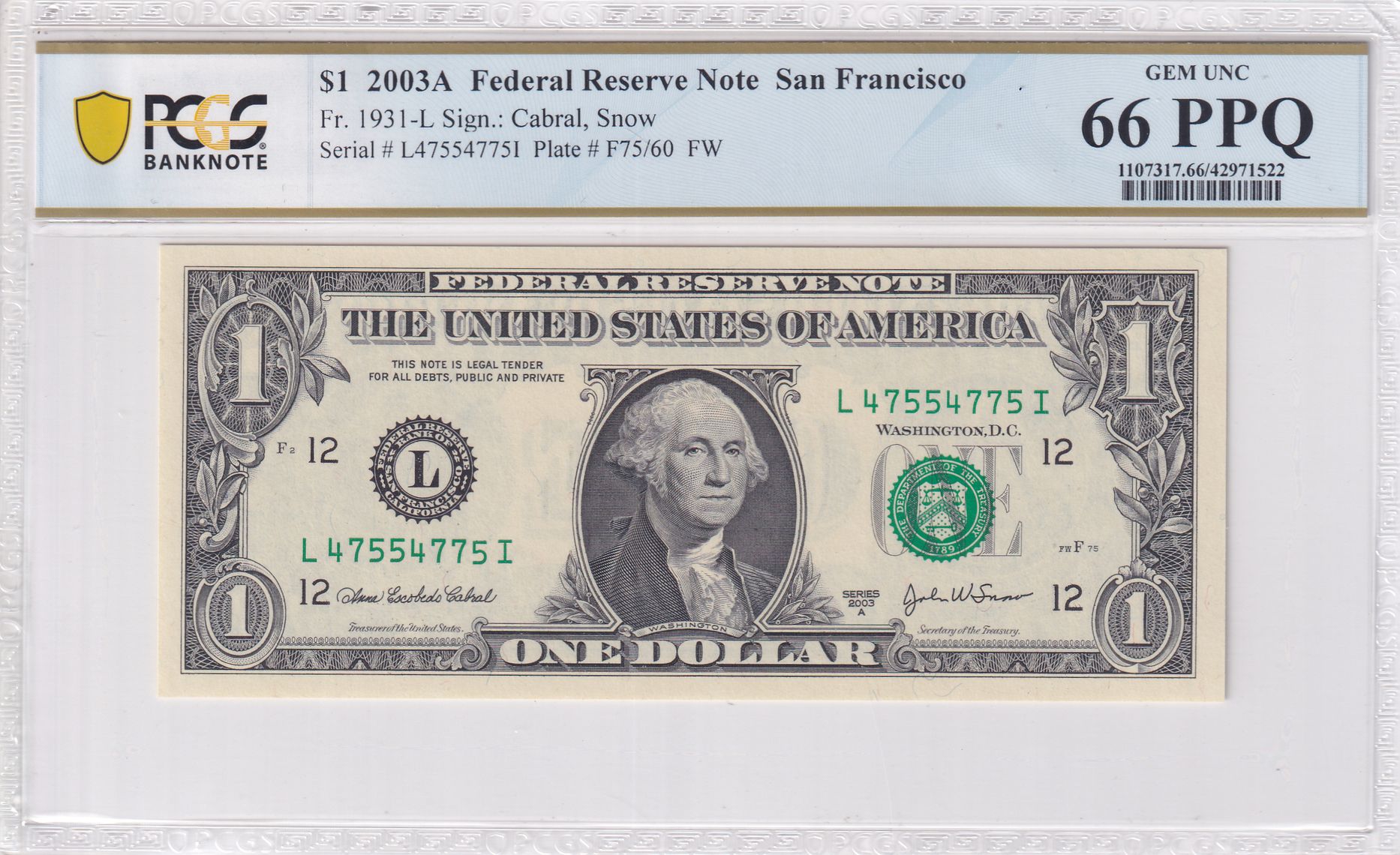 PCGS Certificate Verification Banknote Details for Cert #42971522