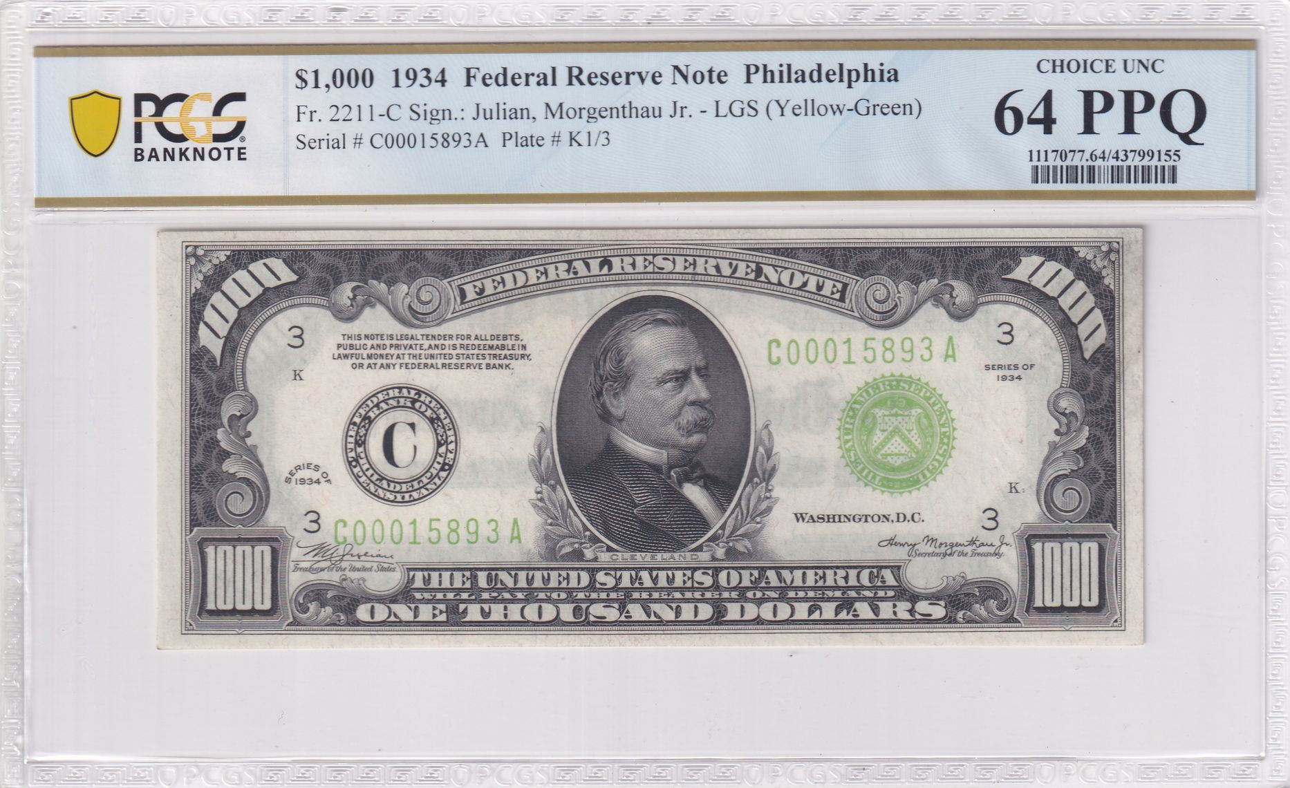 Fr. 2211-C 1934 $1,000 LGS (Yellow-Green) Federal Reserve Note ...