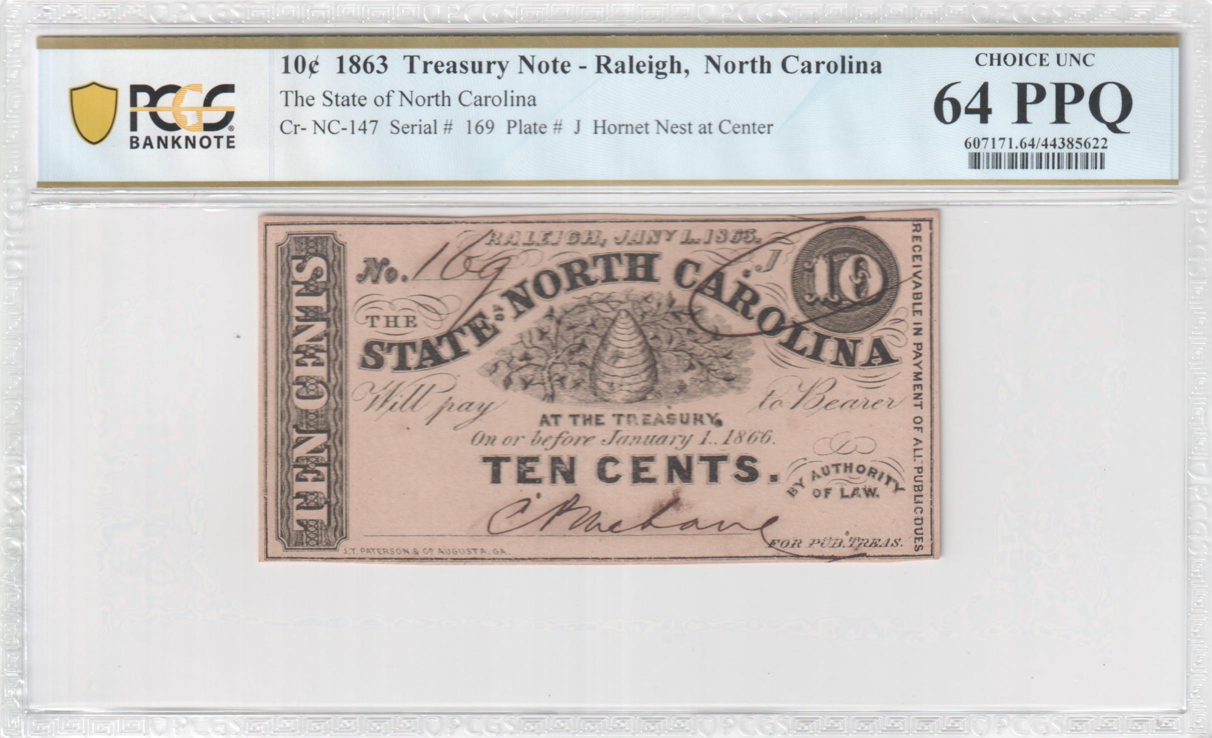 Cr- NC-147 1863 10¢ The State of North Carolina Treasury Note - PCGS ...