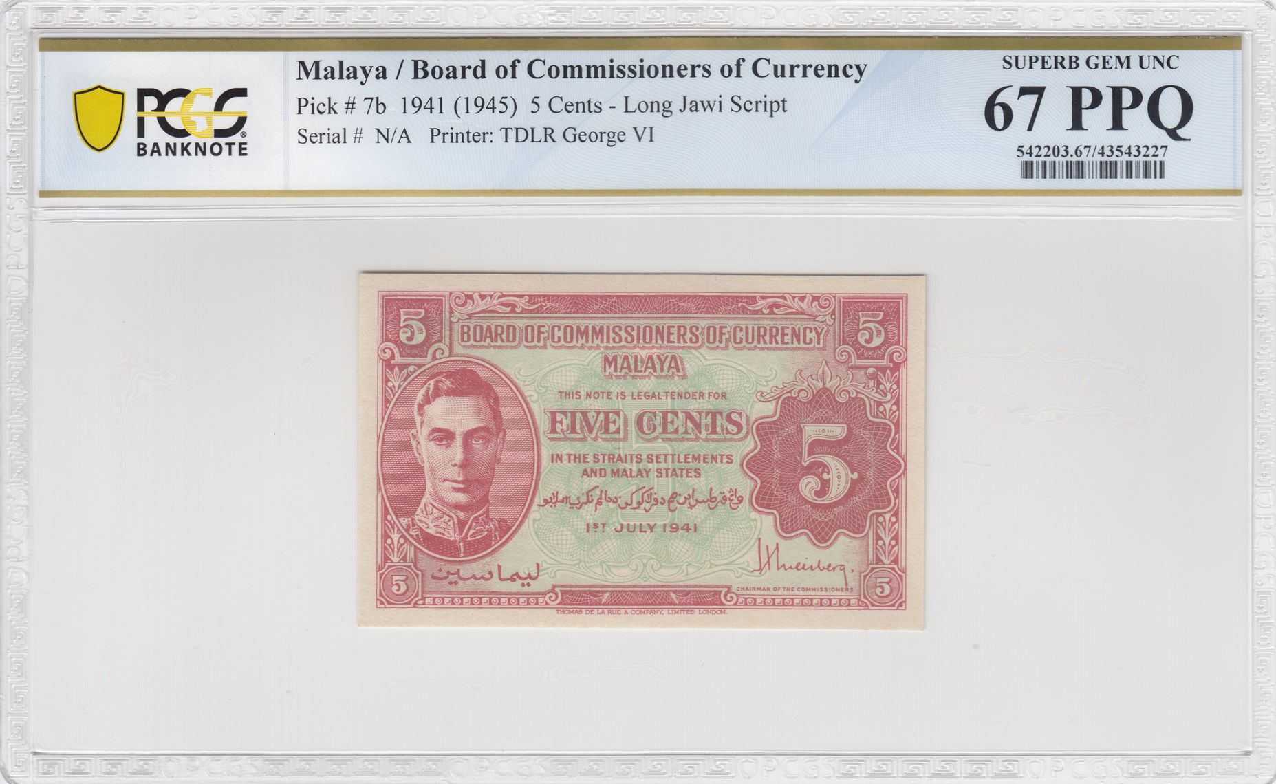 Pick # 7b 1941 (1945) 5 Cents Board of Commissioners of Currency TDLR Long Jawi Script - PCGS ...