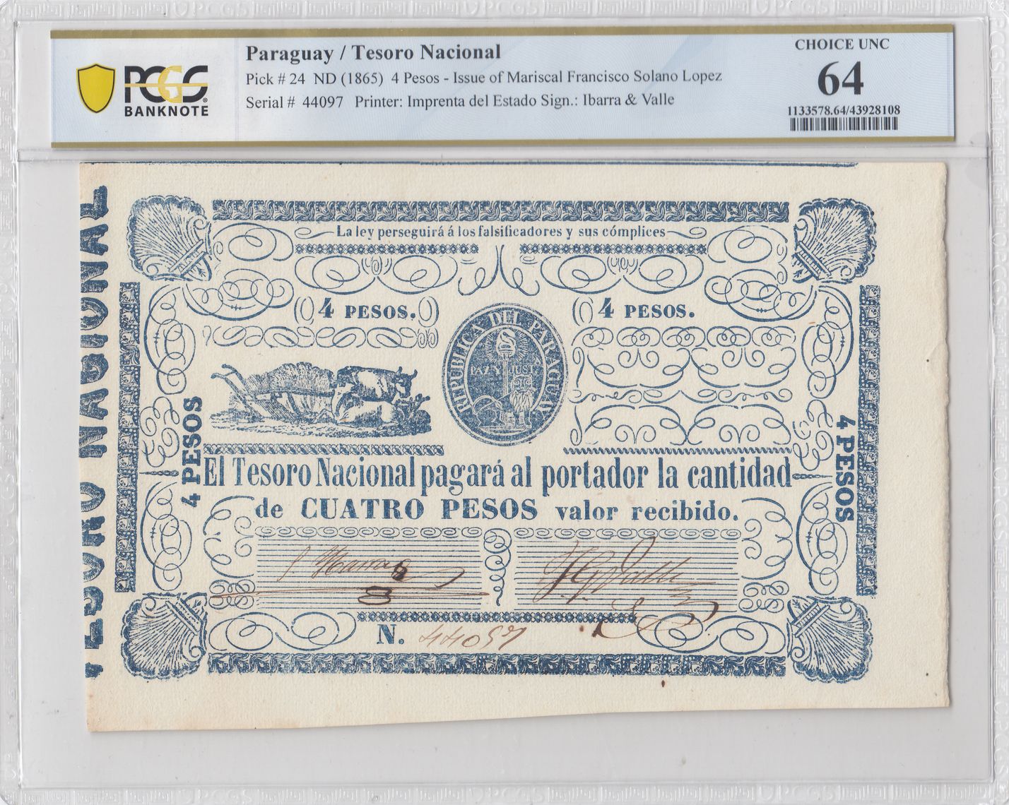 Pick # 24 ND (1865) 4 Pesos Tesoro Nacional Imp. del Estado Issue of ...
