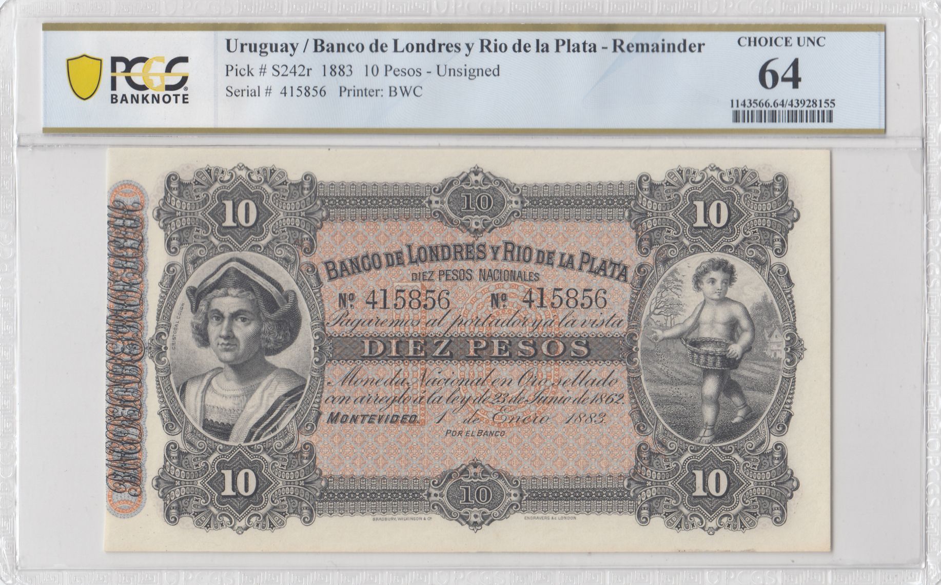Pick # S242r L.1862 / 1883 10 Pesos Remainder Banco de Londres y Rio de ...