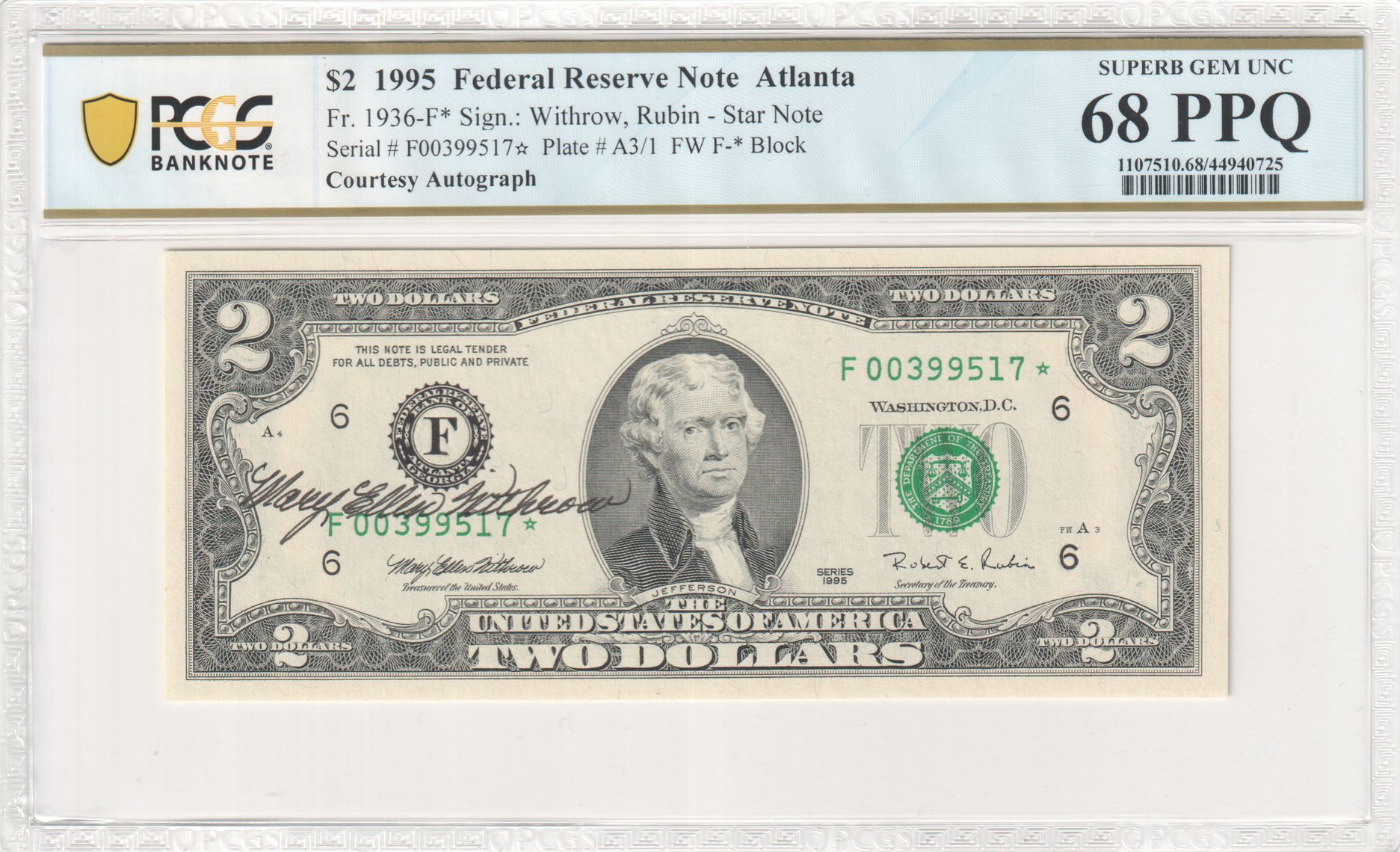 Fr. 1936-F* 1995 $2 Star Note Federal Reserve Note Atlanta - PCGS NoteFacts