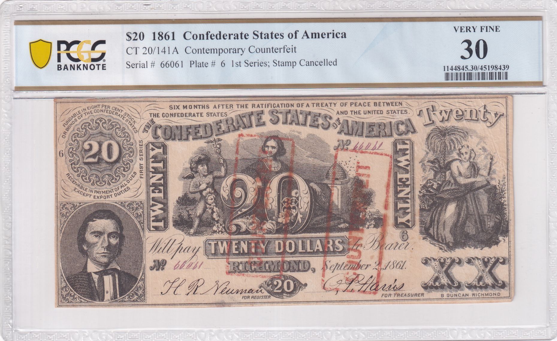 CT 20/141A 1861 $20 Confederate States of America Contemporary ...