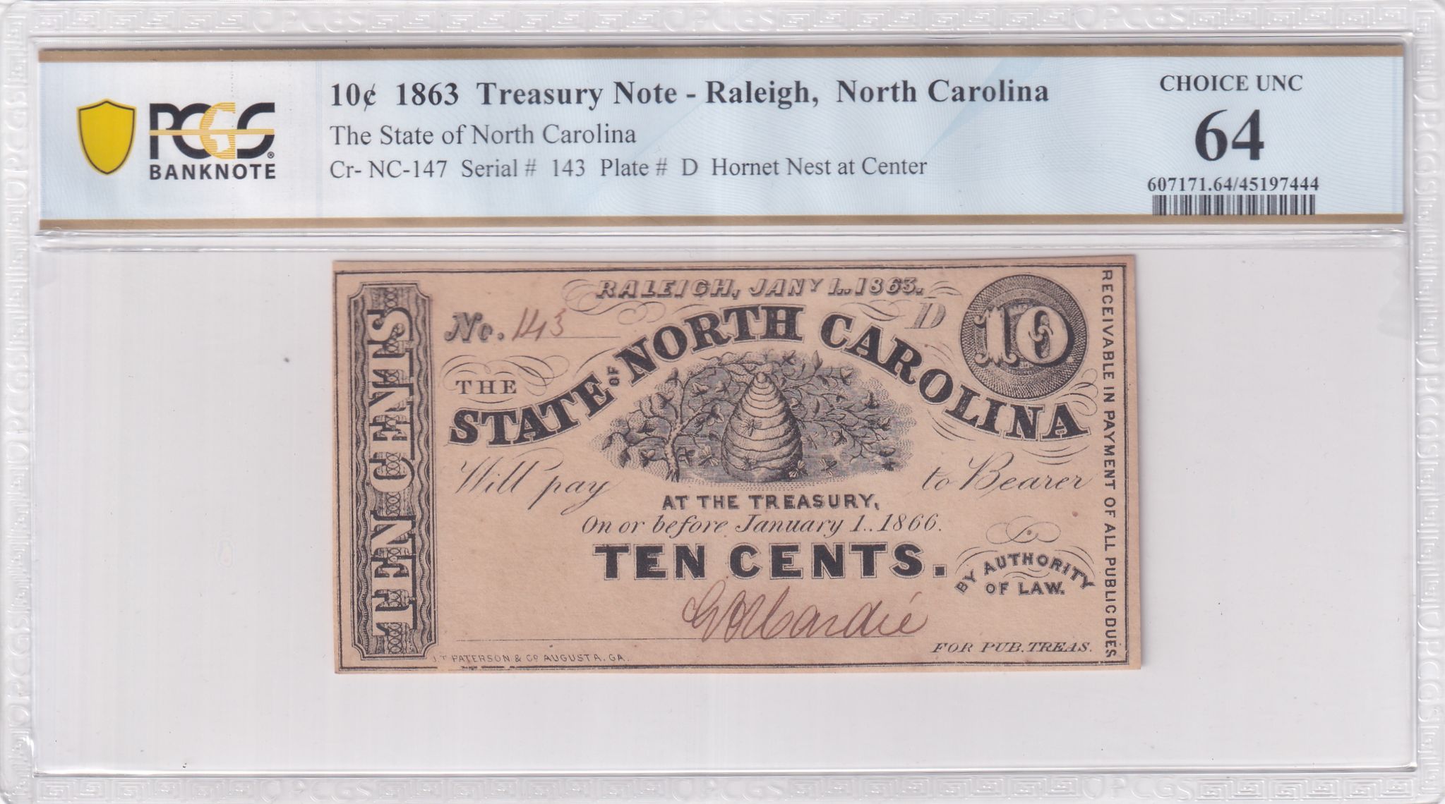Cr- NC-147 1863 10¢ The State of North Carolina Treasury Note - PCGS ...