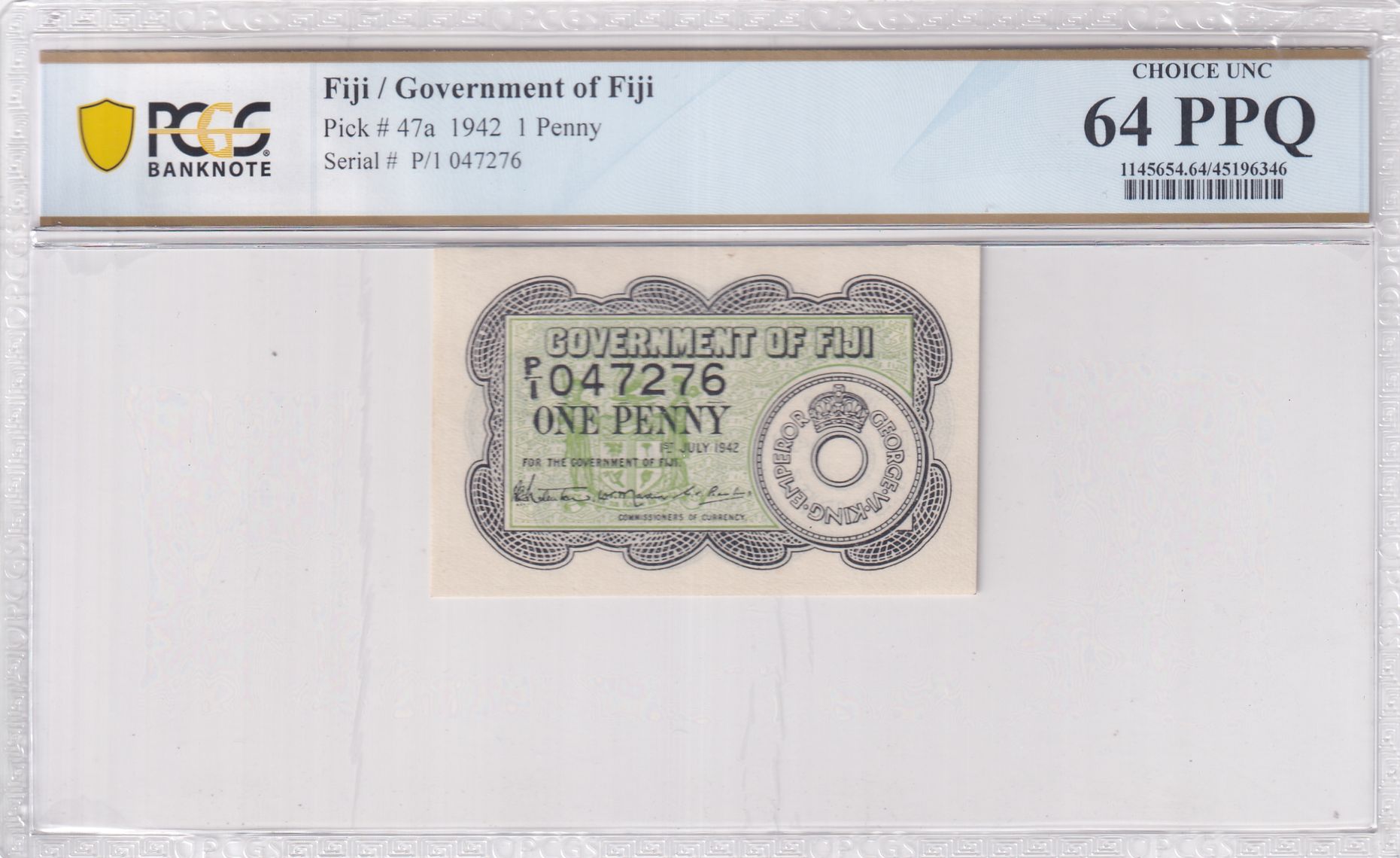 Pick # 47a 1942 1 Penny Government of Fiji Australian WWII Emergency ...