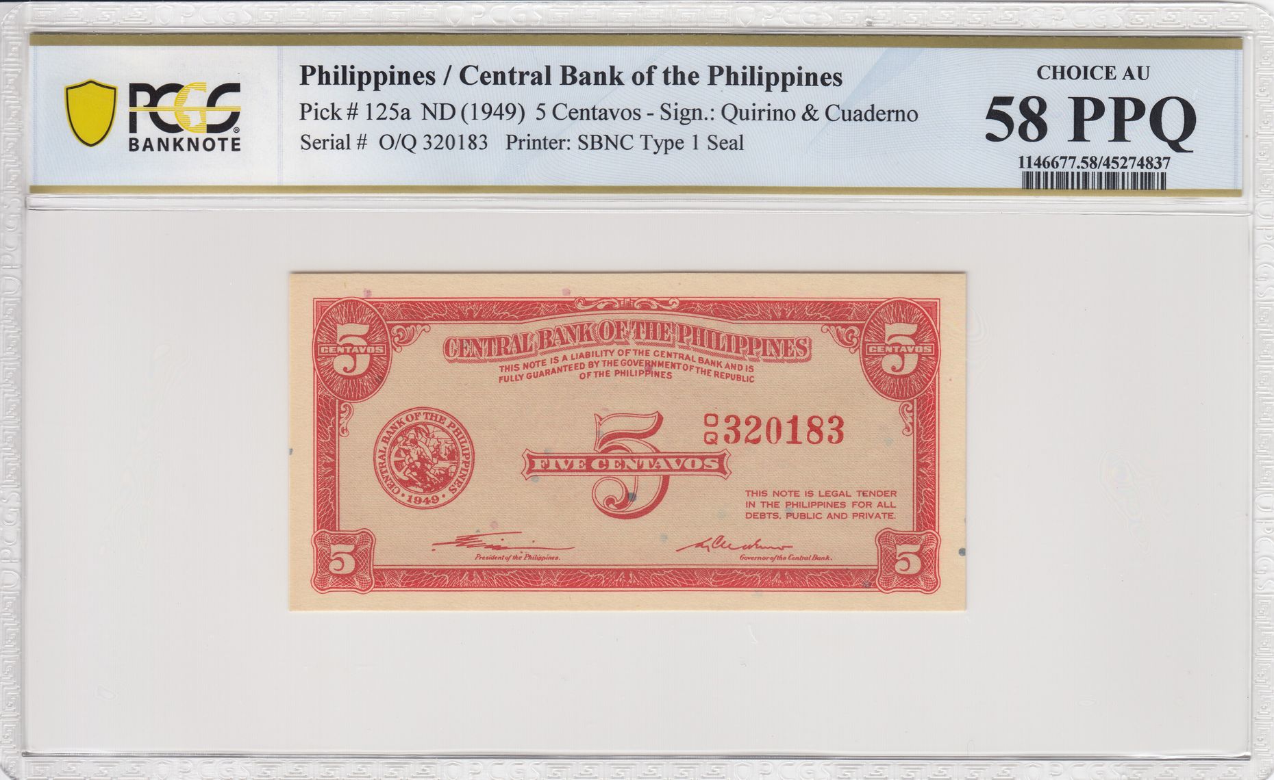 PCGS Certificate Verification Banknote Details for Cert #45274837