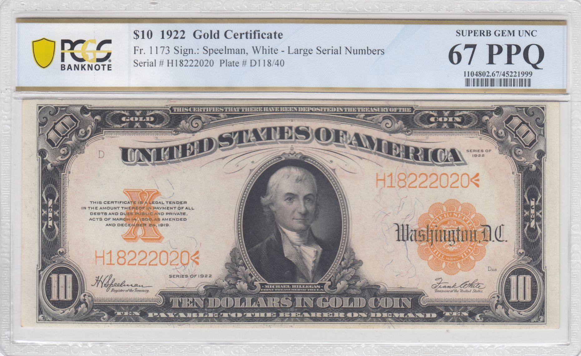 Fr. 1173 1922 $10 Large Serial Numbers Gold Certificate - PCGS NoteFacts