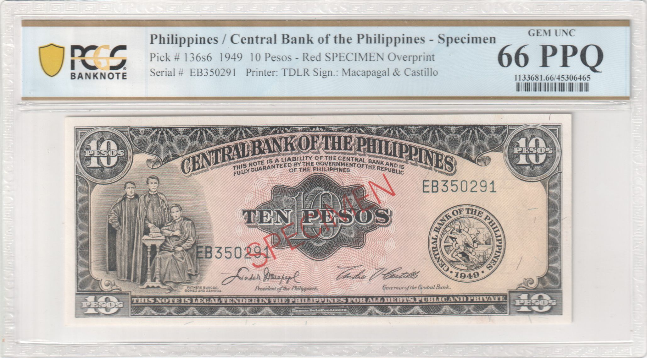 Pick # 136s6 1949 10 Pesos Specimen Central Bank of the Philippines ...