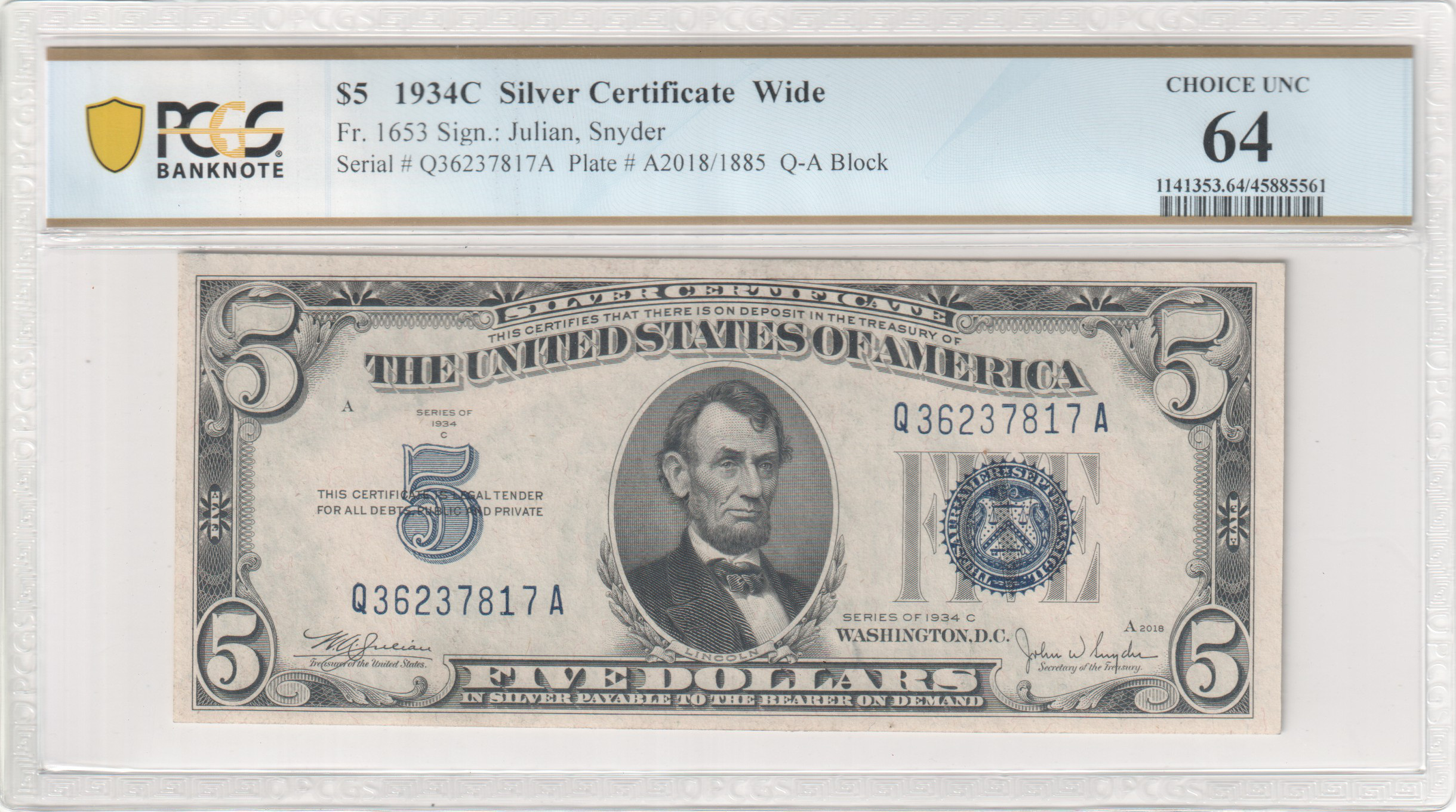 PCGS Certificate Verification Banknote Details for Cert #45885561