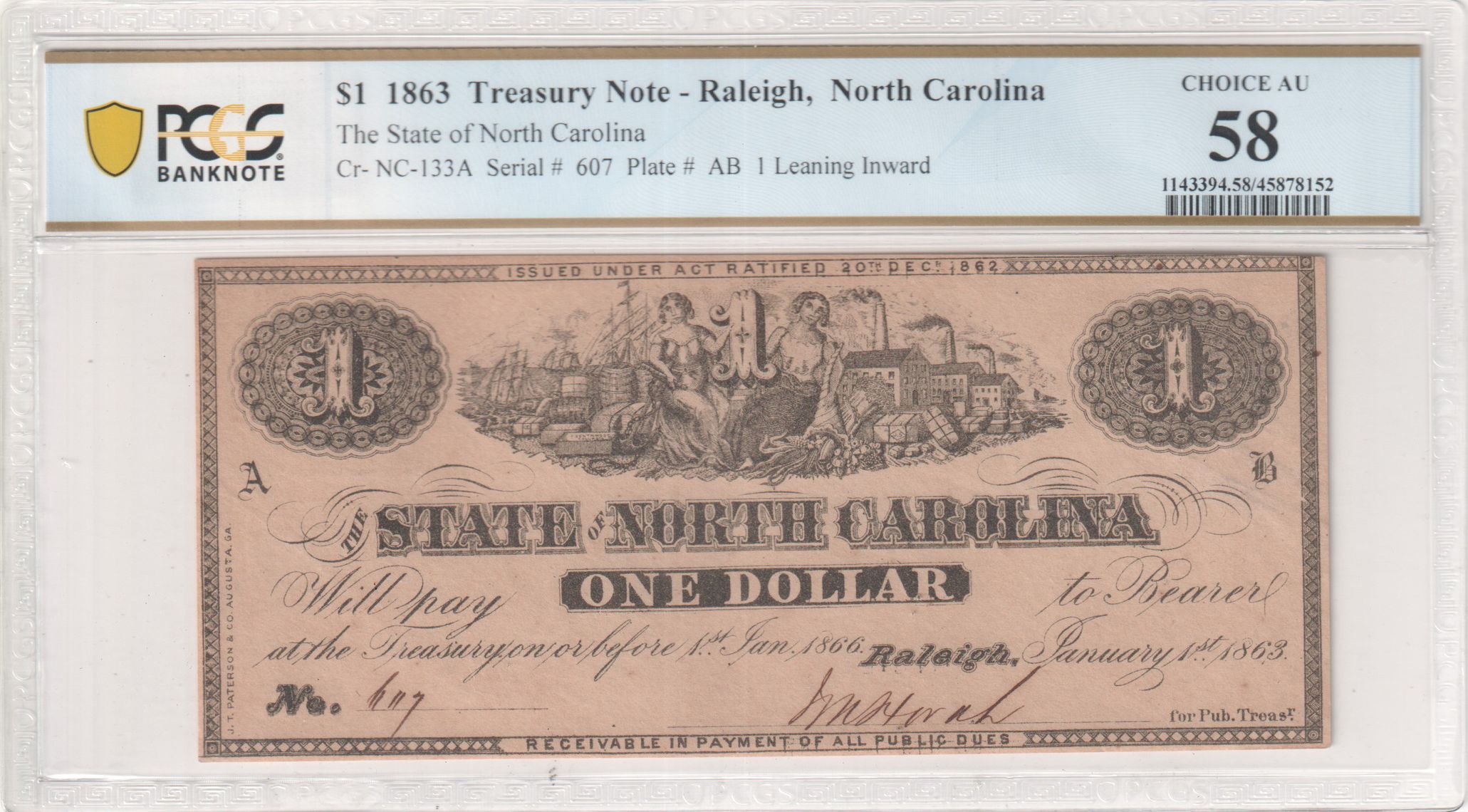 Cr- NC-133A 1863 $1 The State of North Carolina Treasury Note - PCGS ...
