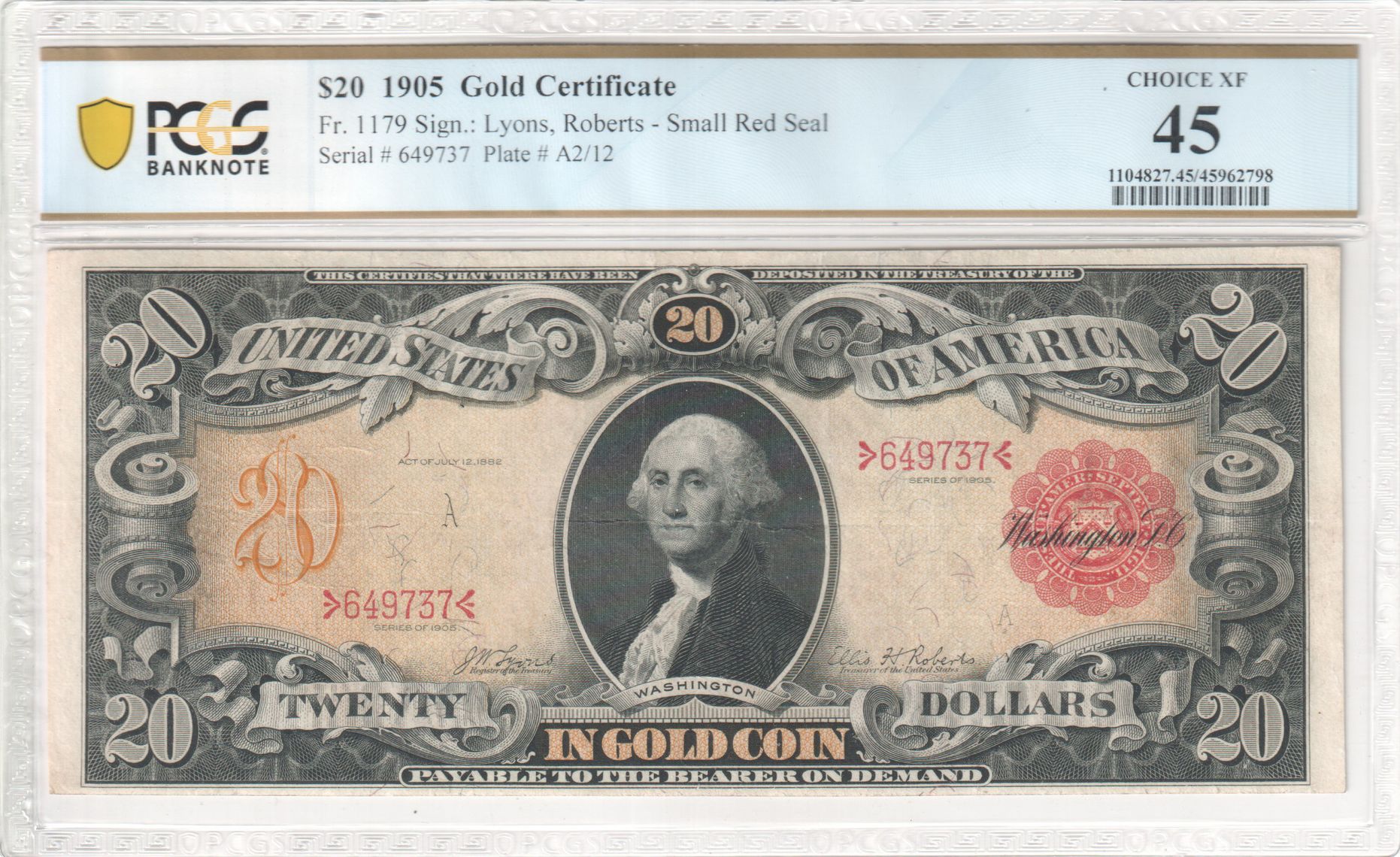 Fr. 1179 1905 $20 Small Red Seal Gold Certificate - PCGS NoteFacts
