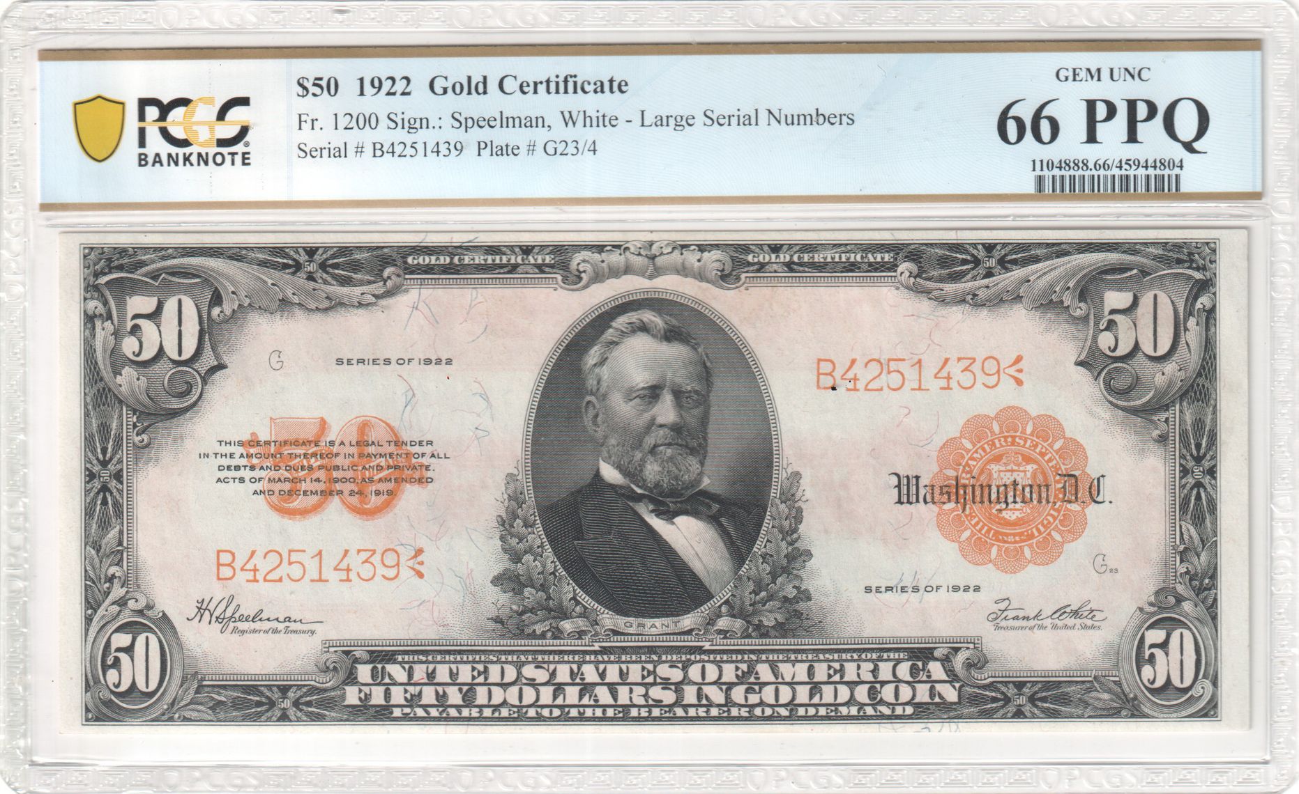 Fr. 1200 1922 $50 Large Serial Numbers Gold Certificate - PCGS NoteFacts