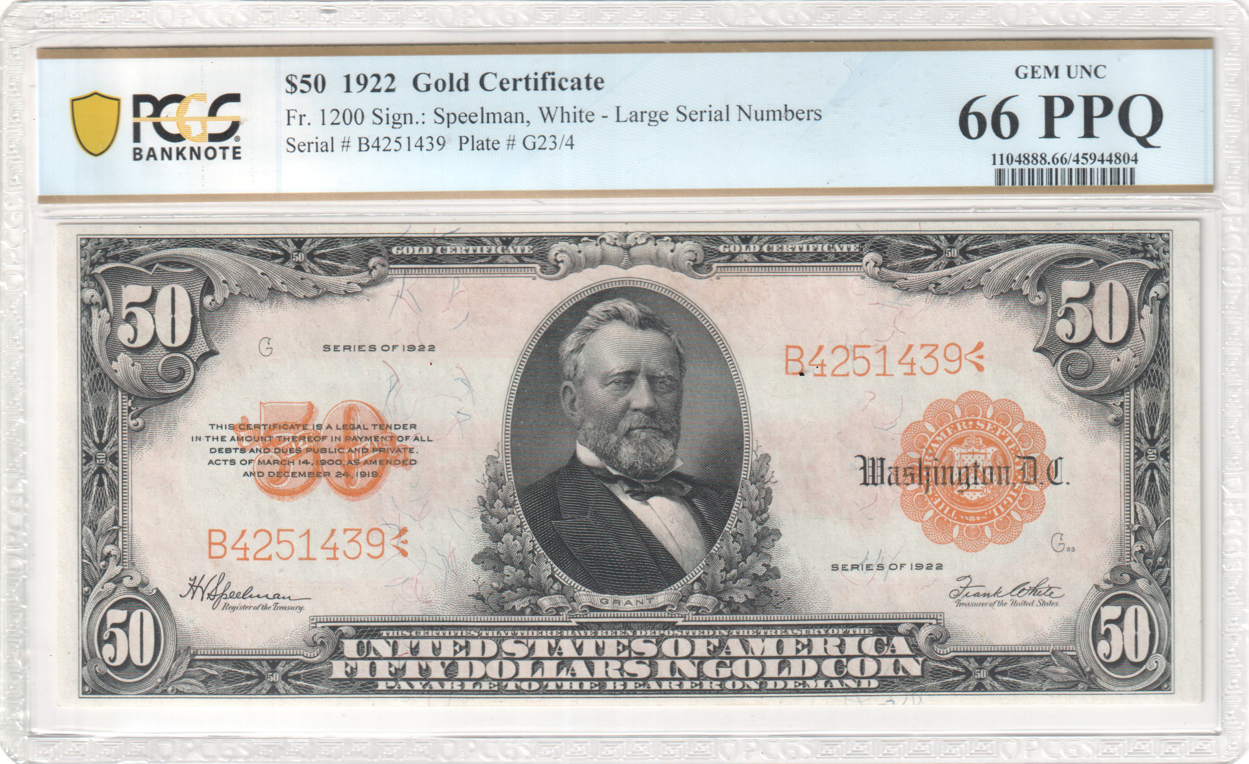 Fr. 1200 1922 $50 Large Serial Numbers Gold Certificate - PCGS NoteFacts