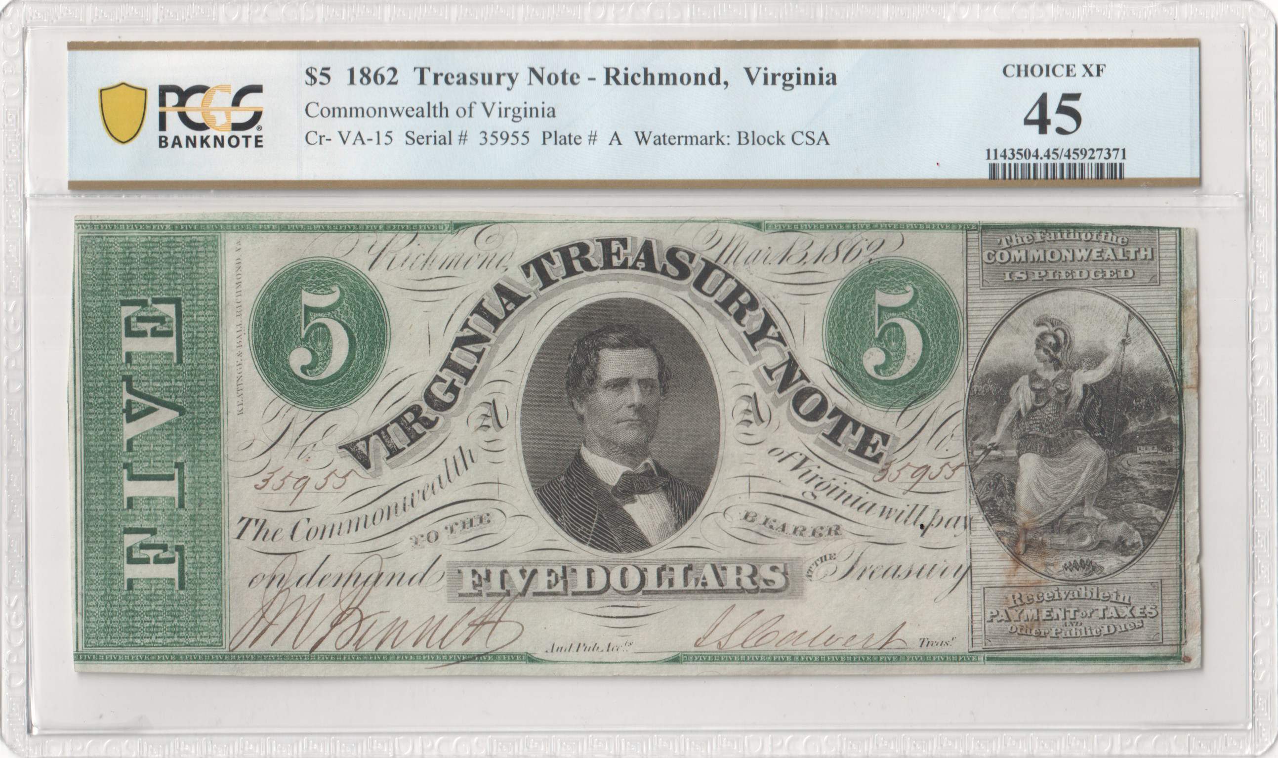 Cr- VA-15 1862 $5 Commonwealth of Virginia Keatinge & Ball Treasury ...