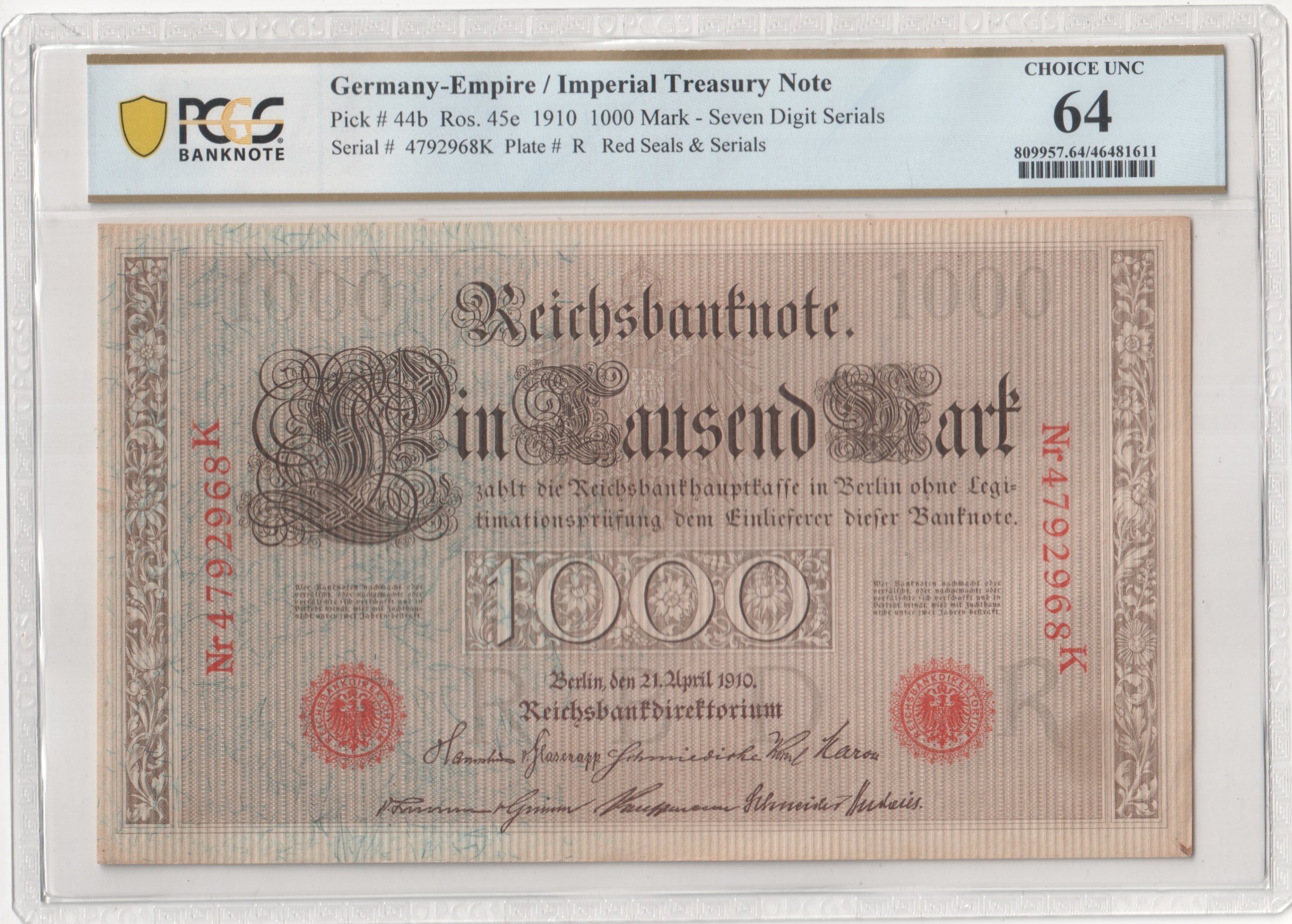 Pick # 44b 1910 1000 Mark Imperial Treasury Note Seven Digit Serials ...