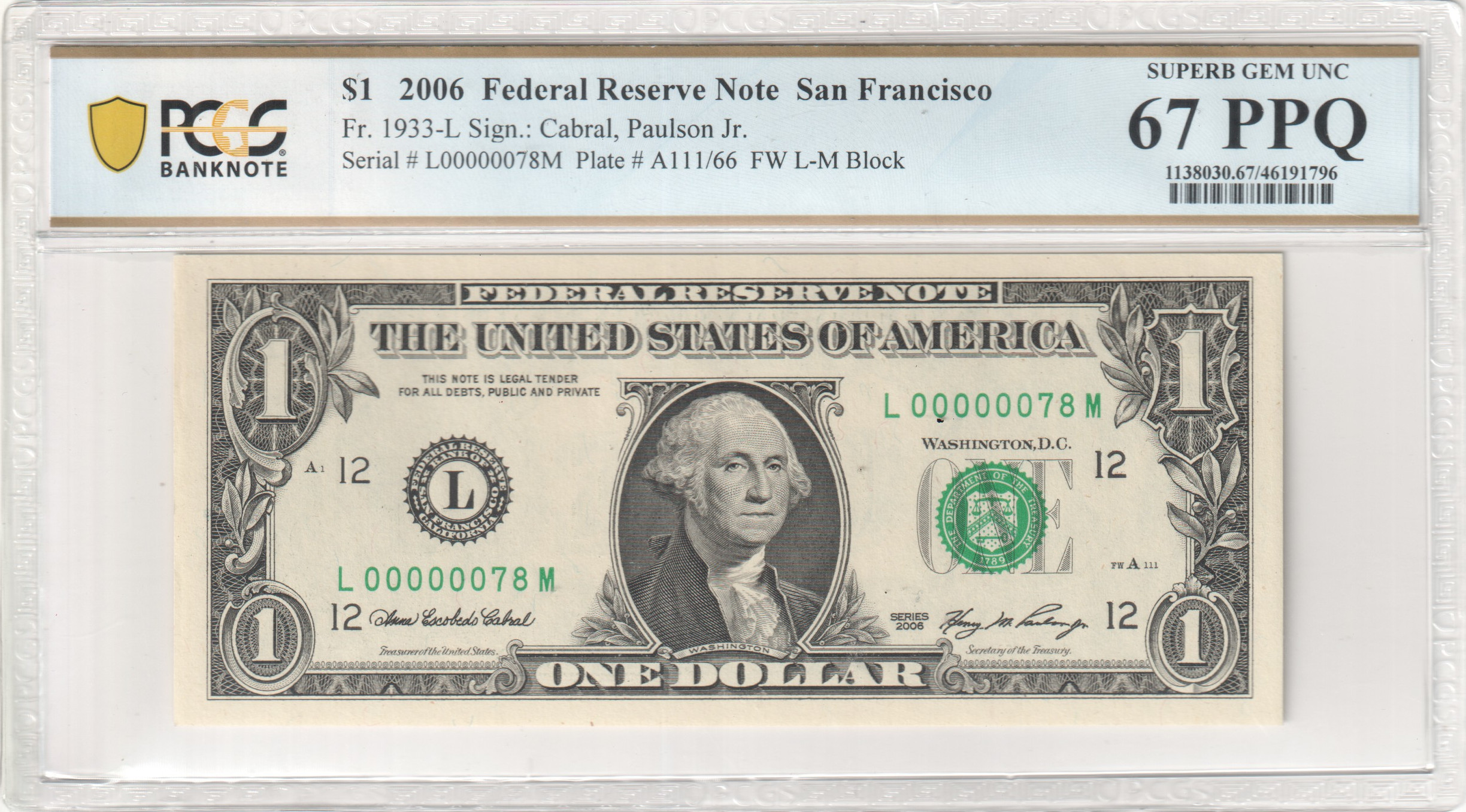 Fr. 1933-L 2006 $1 Federal Reserve Note San Francisco - PCGS NoteFacts