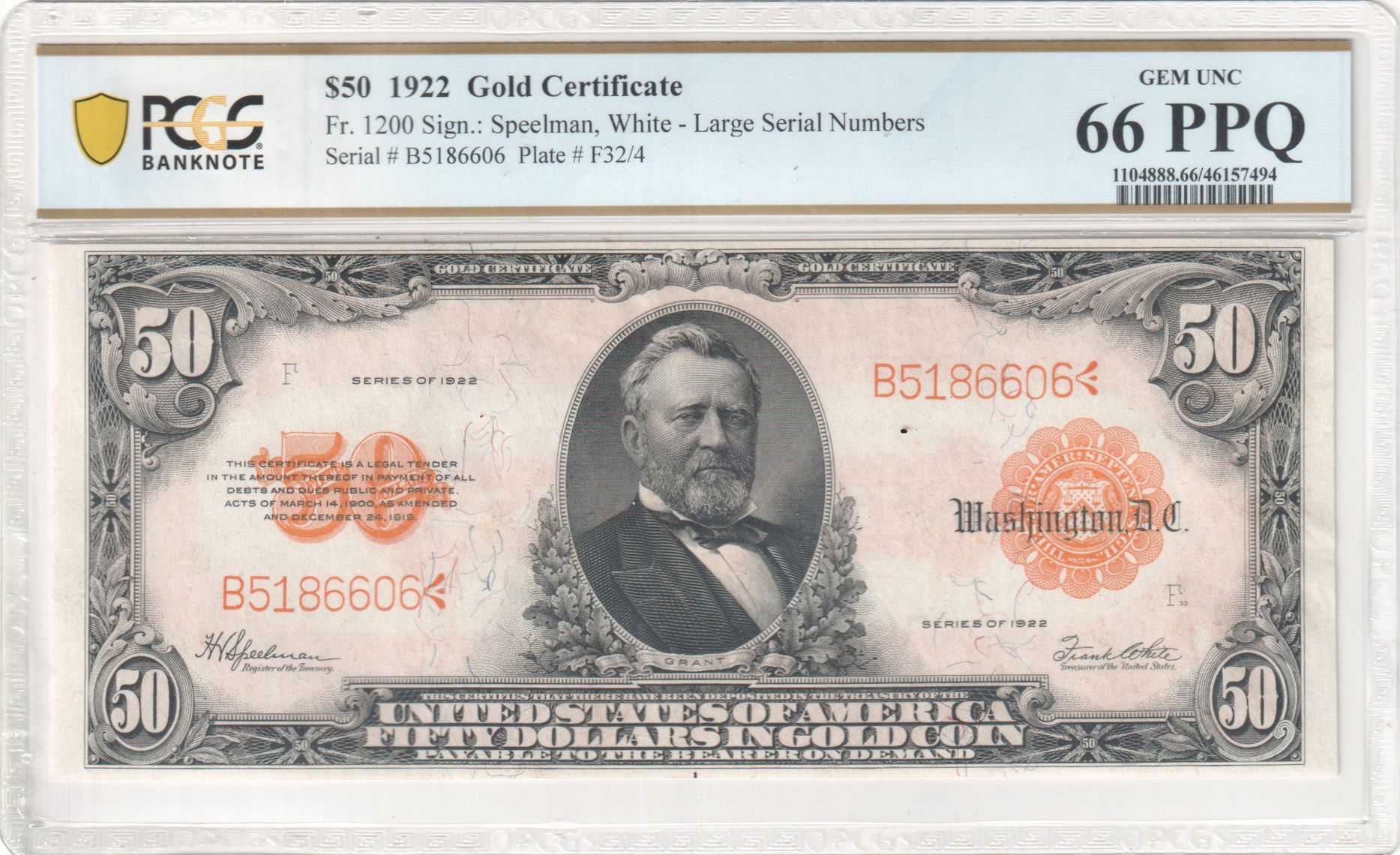Fr. 1200 1922 $50 Large Serial Numbers Gold Certificate - PCGS NoteFacts