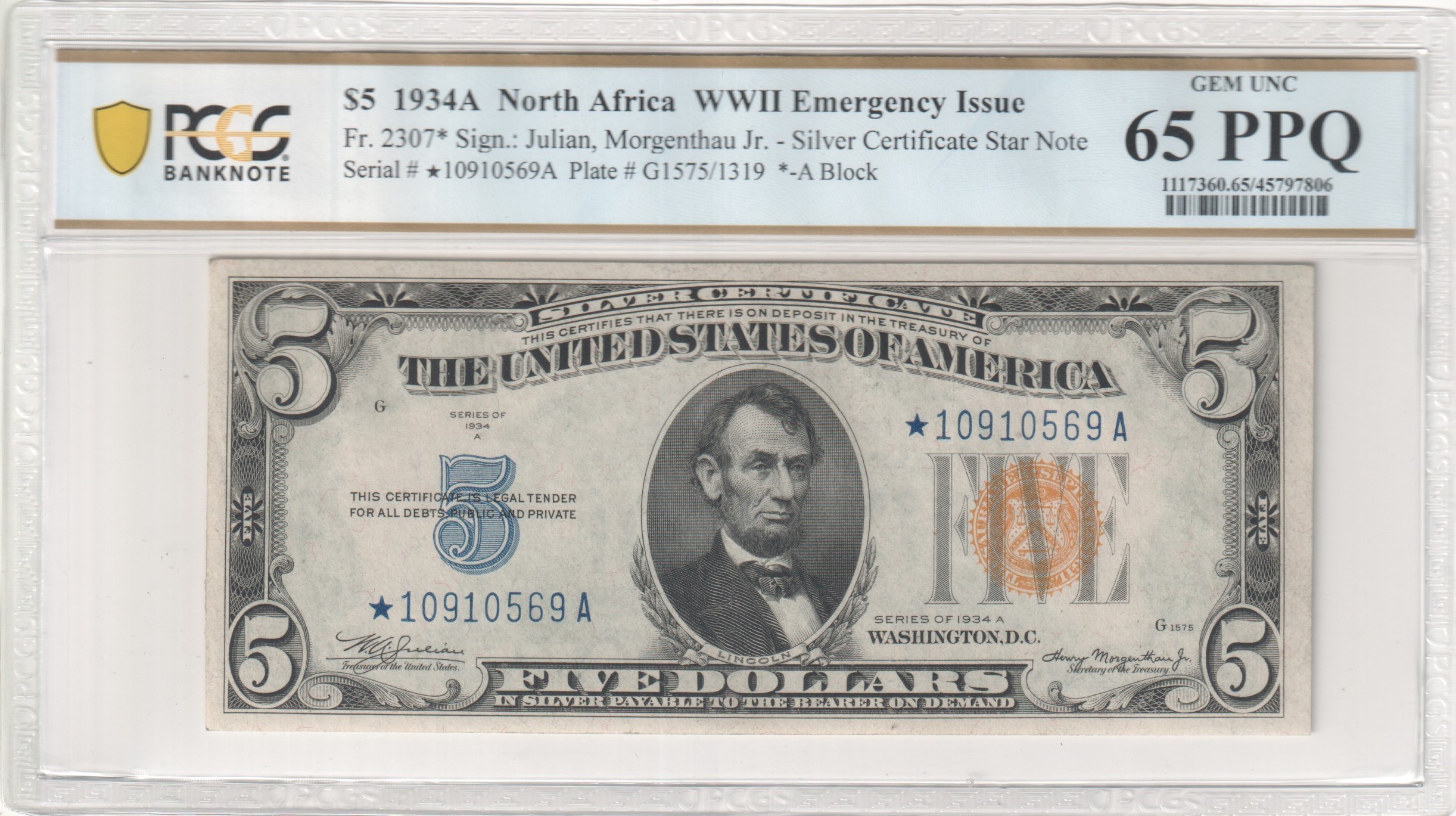 Fr. 2307* 1934A $5 Silver Certificate Star Note North Africa WWII ...