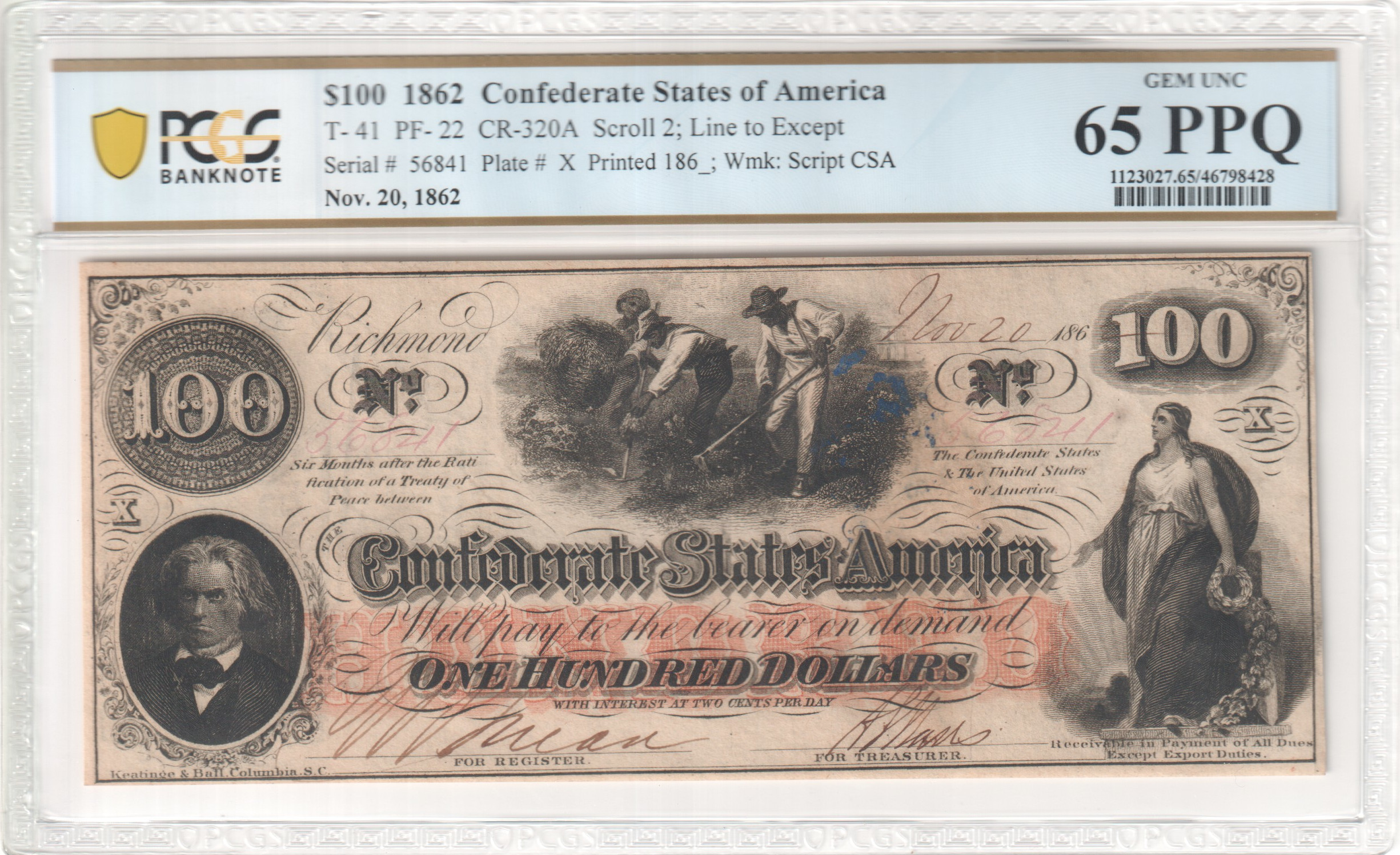 T- 41 1862 $100 Fourth Issue Confederate States of America Keatinge ...