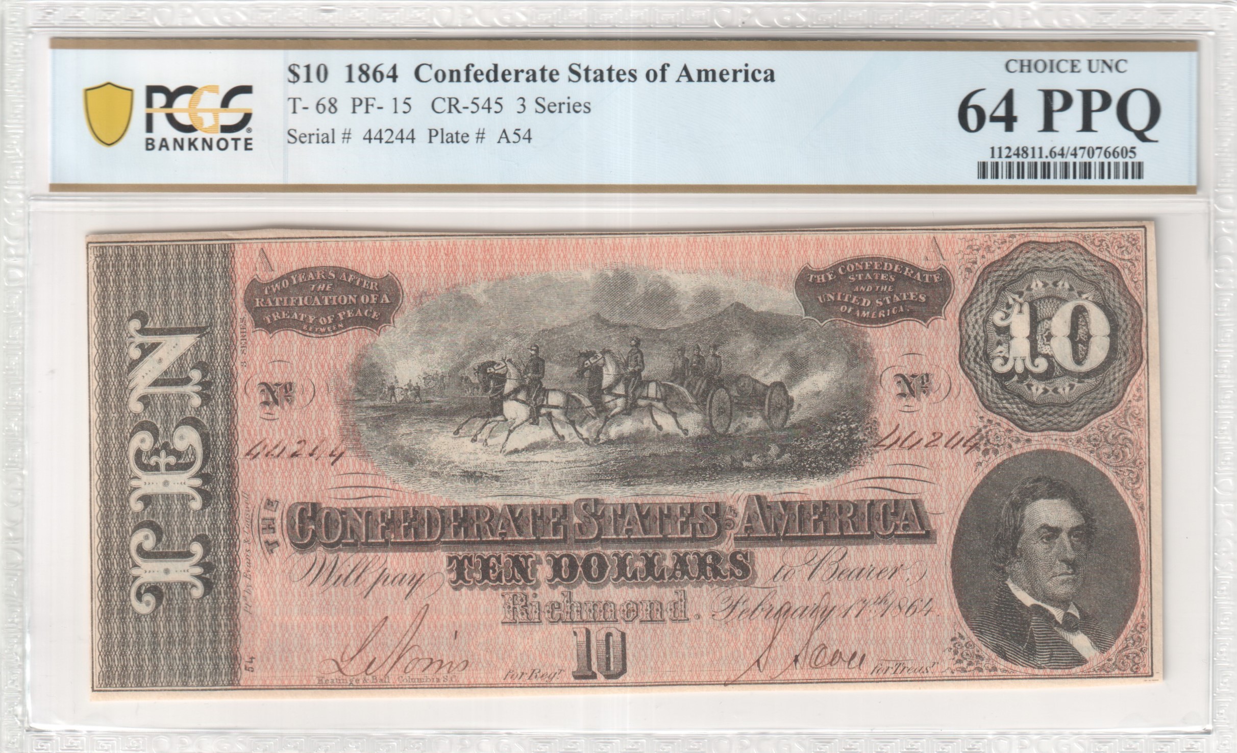 T- 68 1864 $10 Confederate States of America 3 Series - PCGS NoteFacts