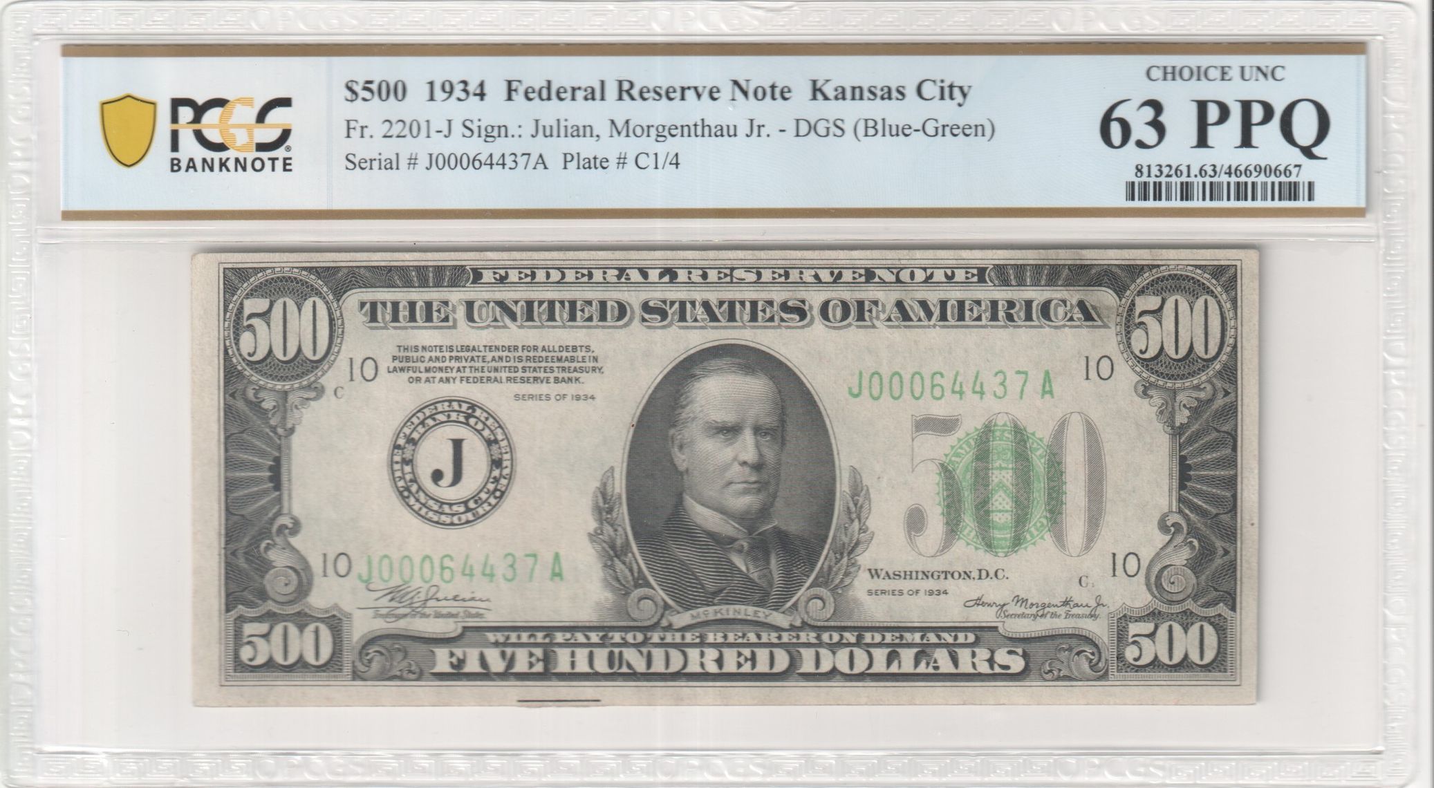 Fr. 2201-J 1934 $500 DGS (Blue-Green) Federal Reserve Note Kansas City ...