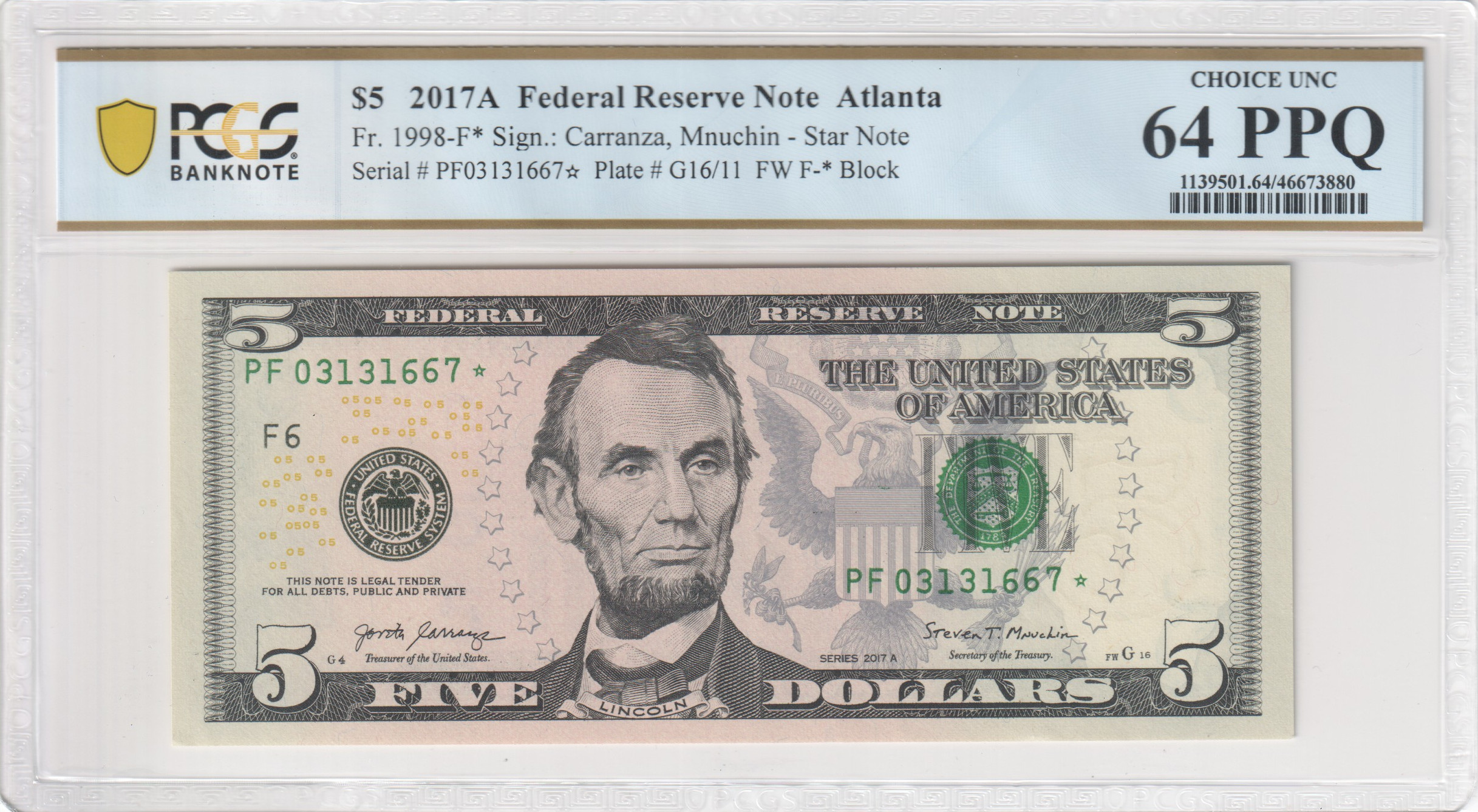Fr. 1998-F* 2017A $5 Star Note Federal Reserve Note Atlanta - PCGS ...