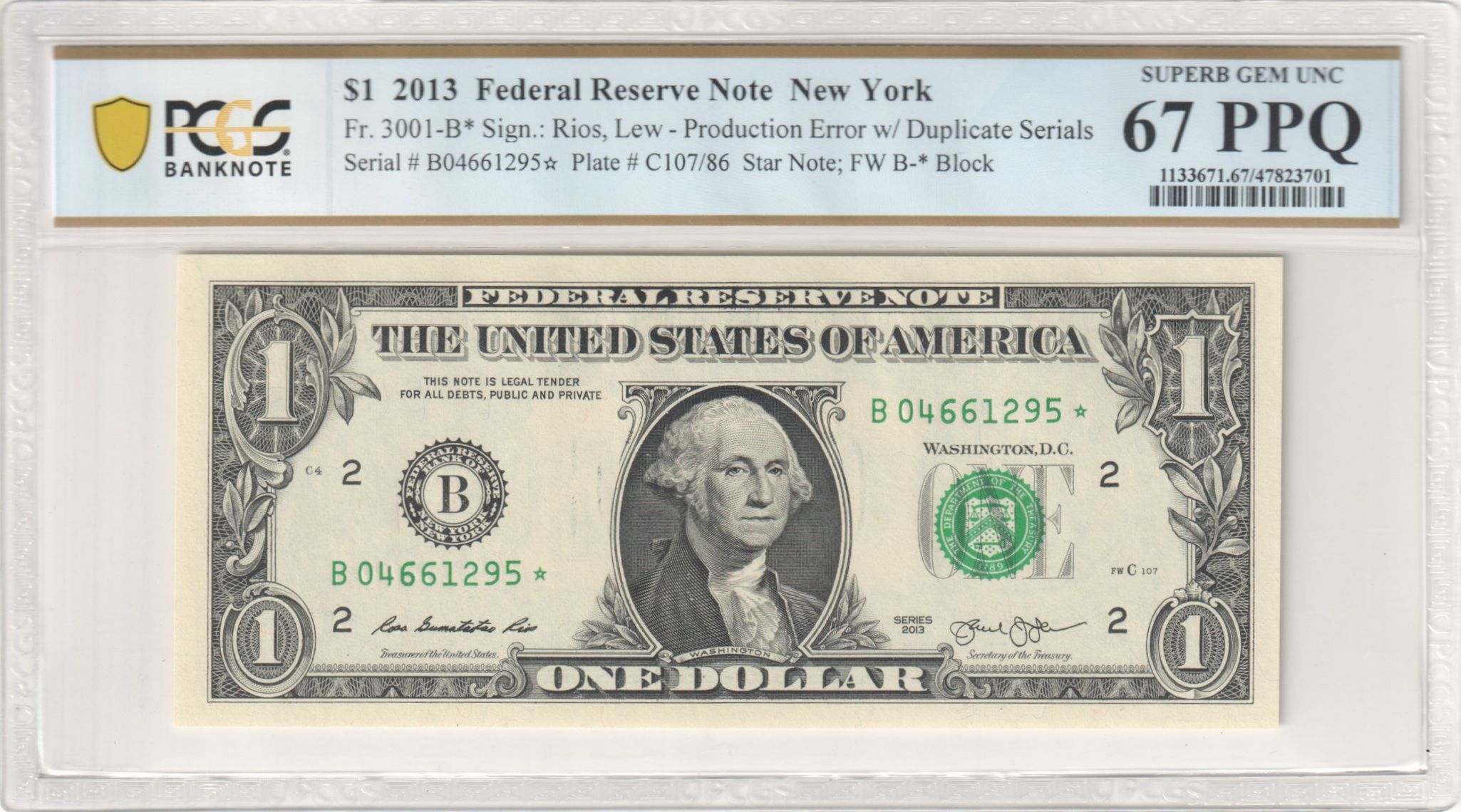 Fr. 3001-B* 2013 $1 Production Error w/ Duplicate Serials Federal ...