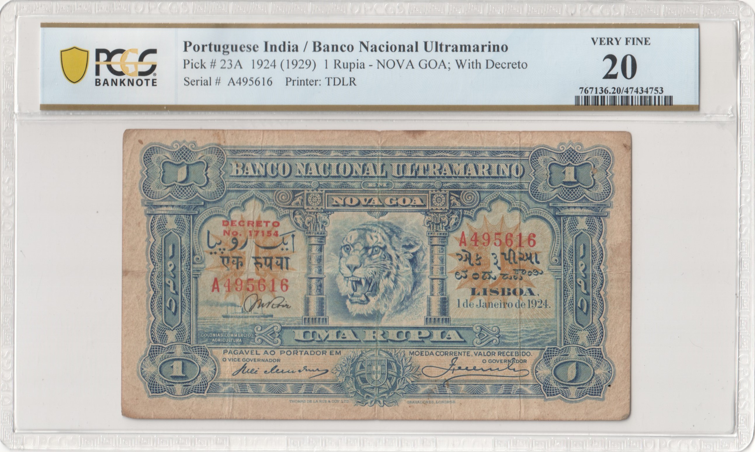 Pick # 23A 1924 (1929) 1 Rupia Banco Nacional Ultramarino TDLR NOVA GOA ...