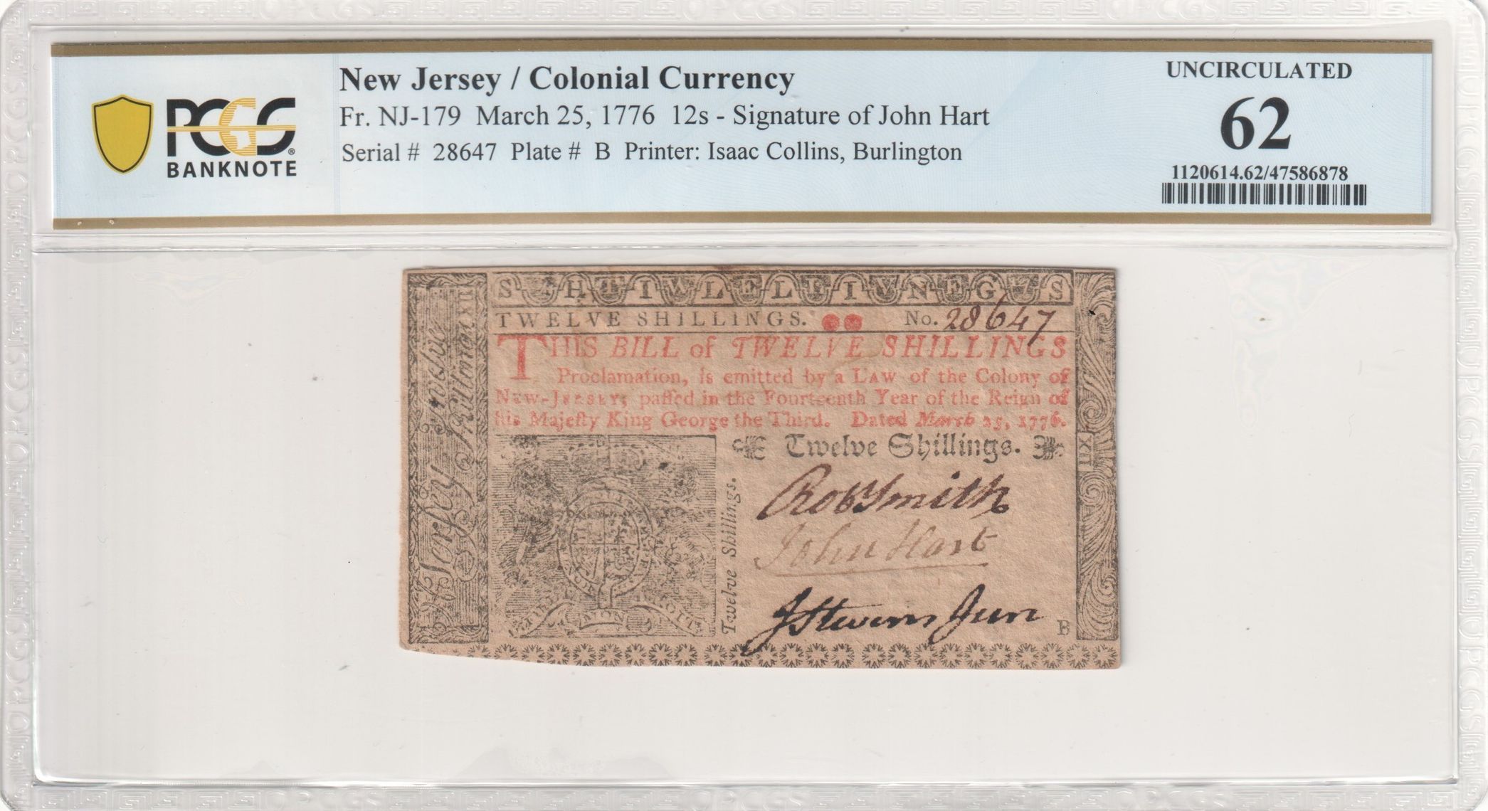 Fr. NJ-179 March 25, 1776 12s Colonial Currency Isaac Collins ...