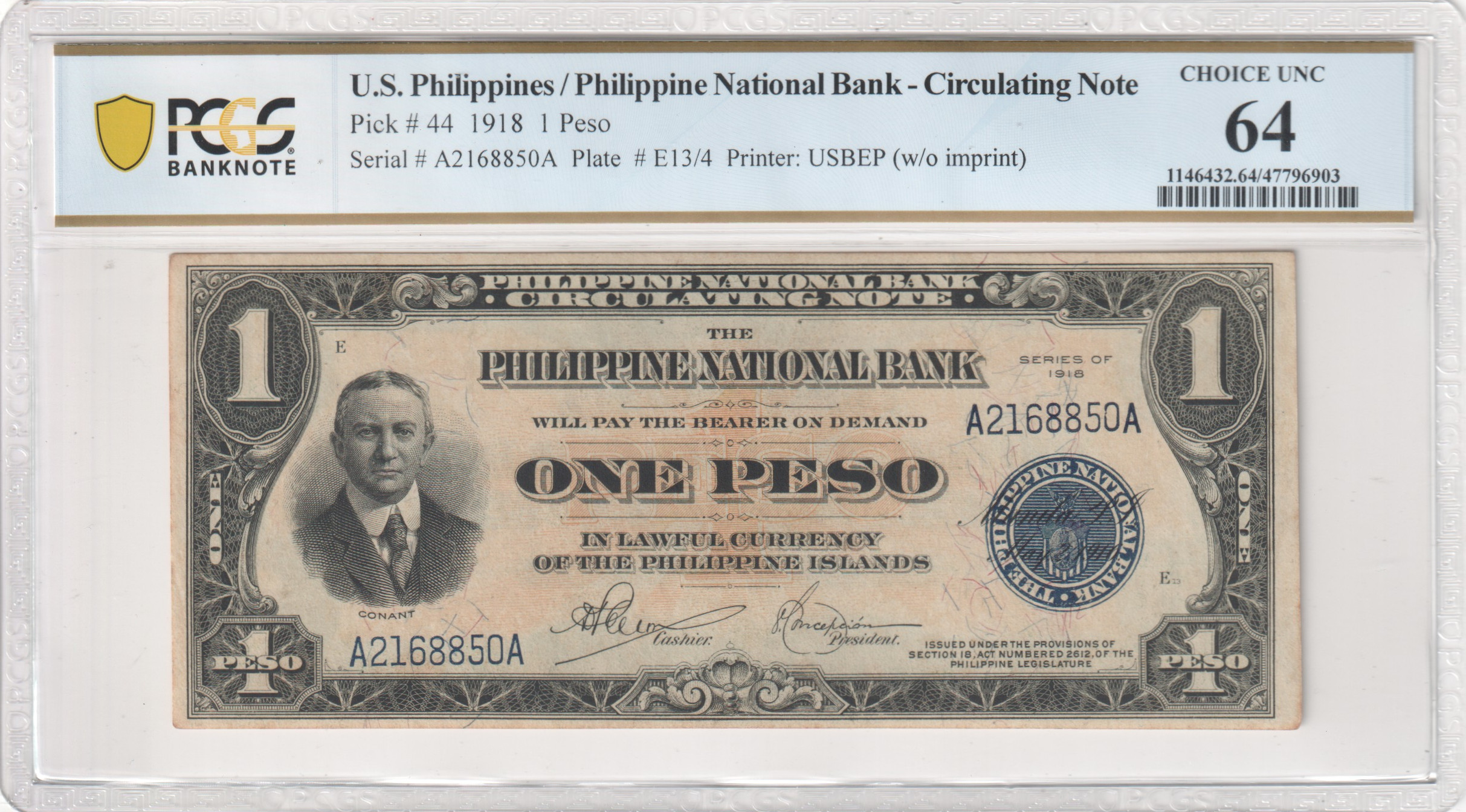 Pick # 44 1918 1 Peso Circulating Note Philippine National Bank USBEP ...