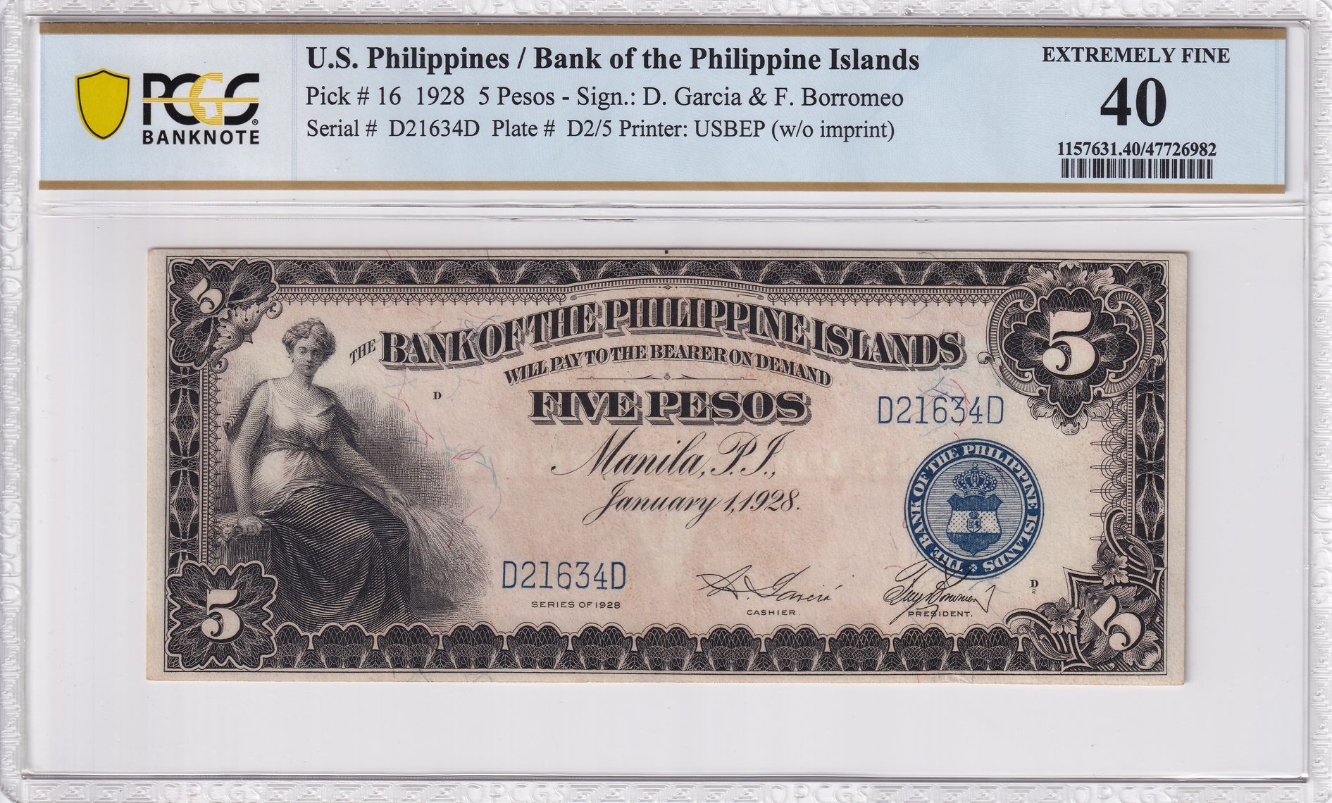 Pick # 16 1928 5 Pesos Bank of the Philippine Islands Sign.: Garcia ...