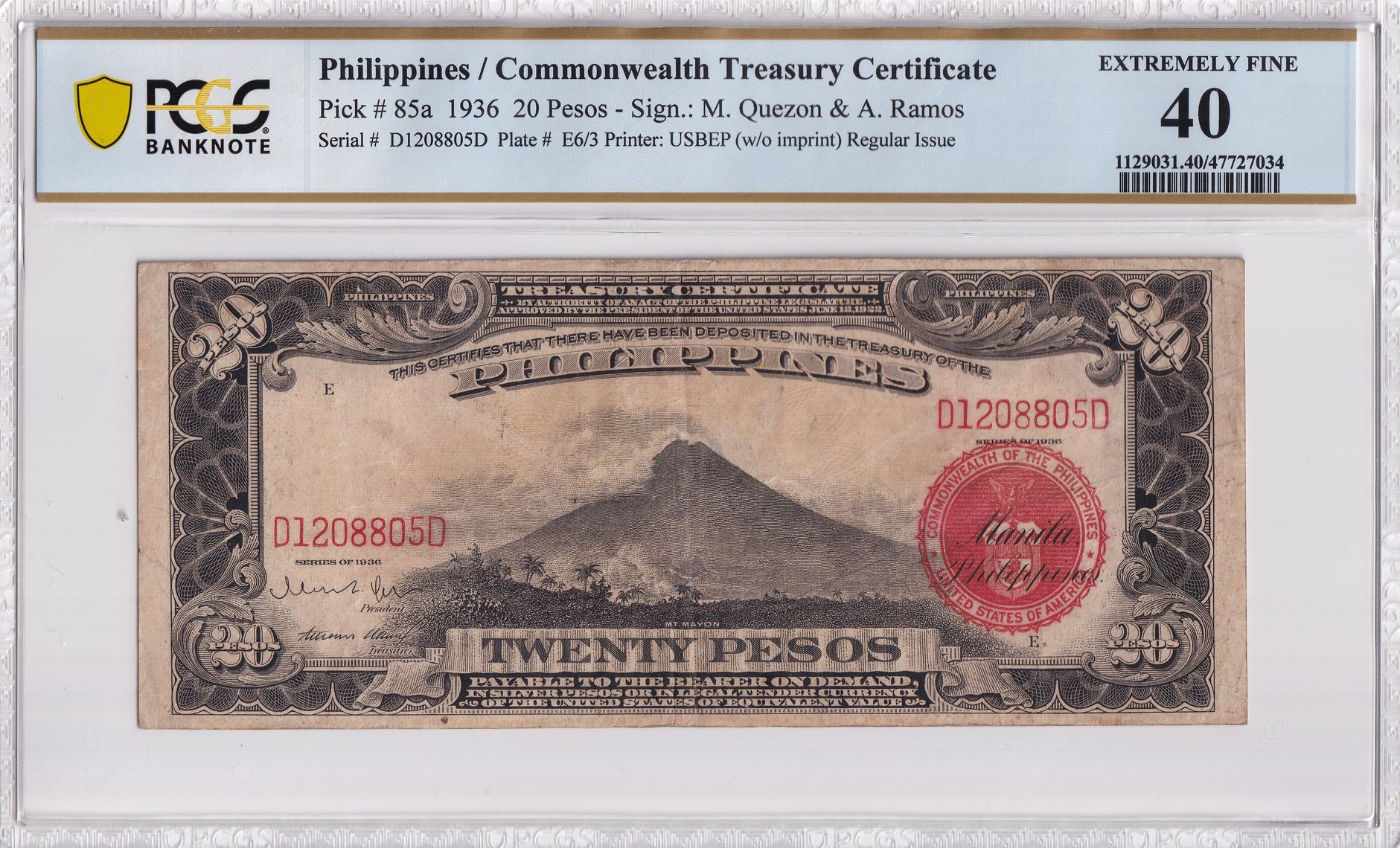 Pick # 85a 1936 20 Pesos Commonwealth Treasury Certificate USBEP (w/o ...