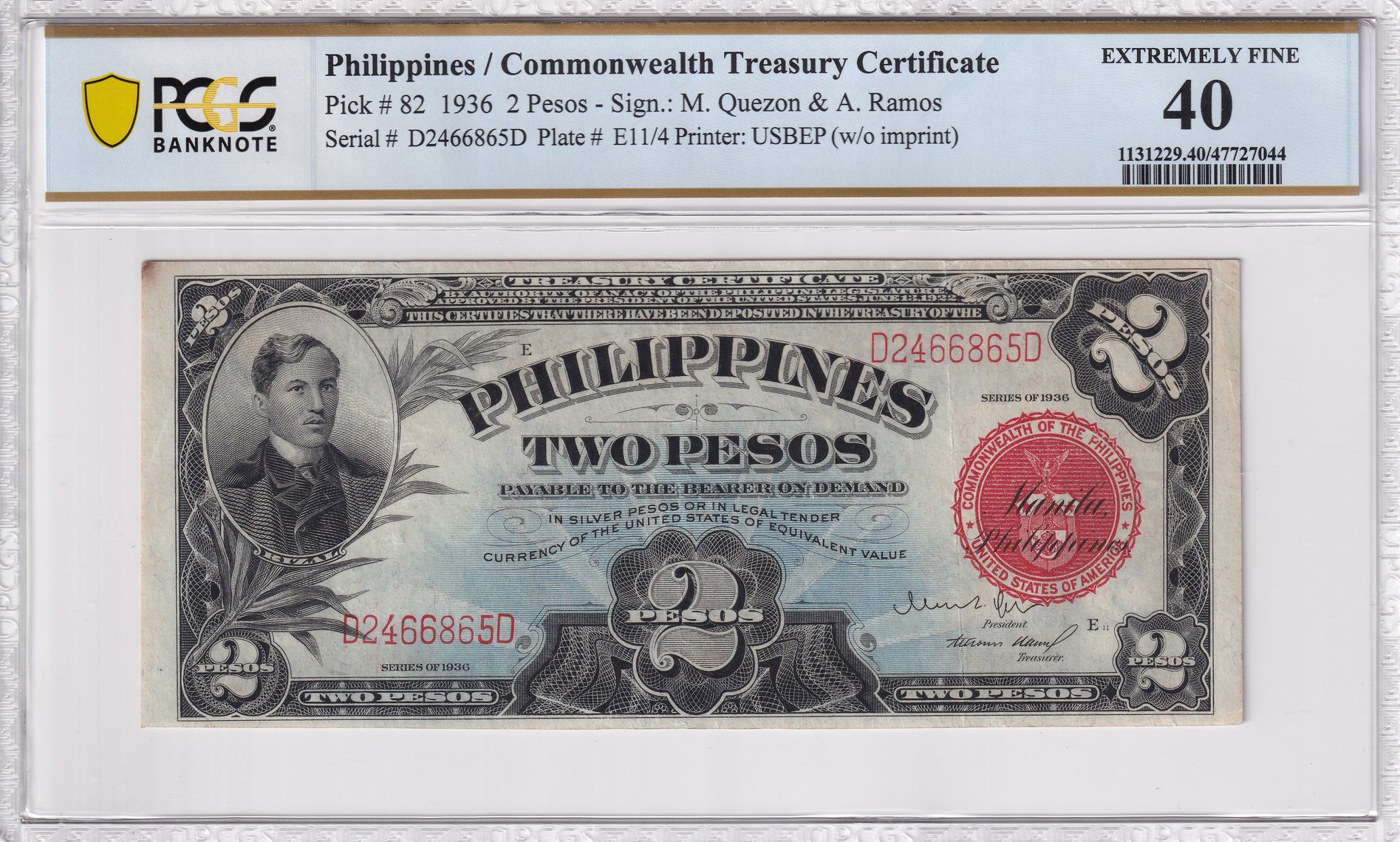Pick # 82 1936 2 Pesos Commonwealth Treasury Certificate Sign.: Quezon ...