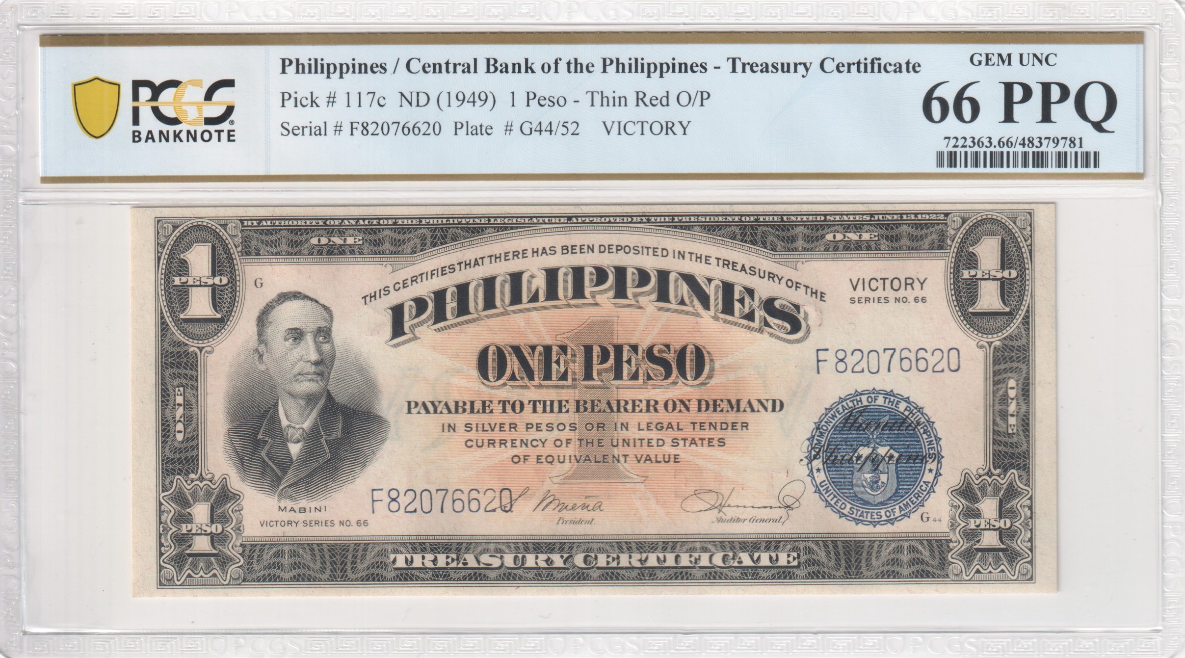 Pick # 117c ND (1949) 1 Peso Treasury Certificate Central Bank of the ...