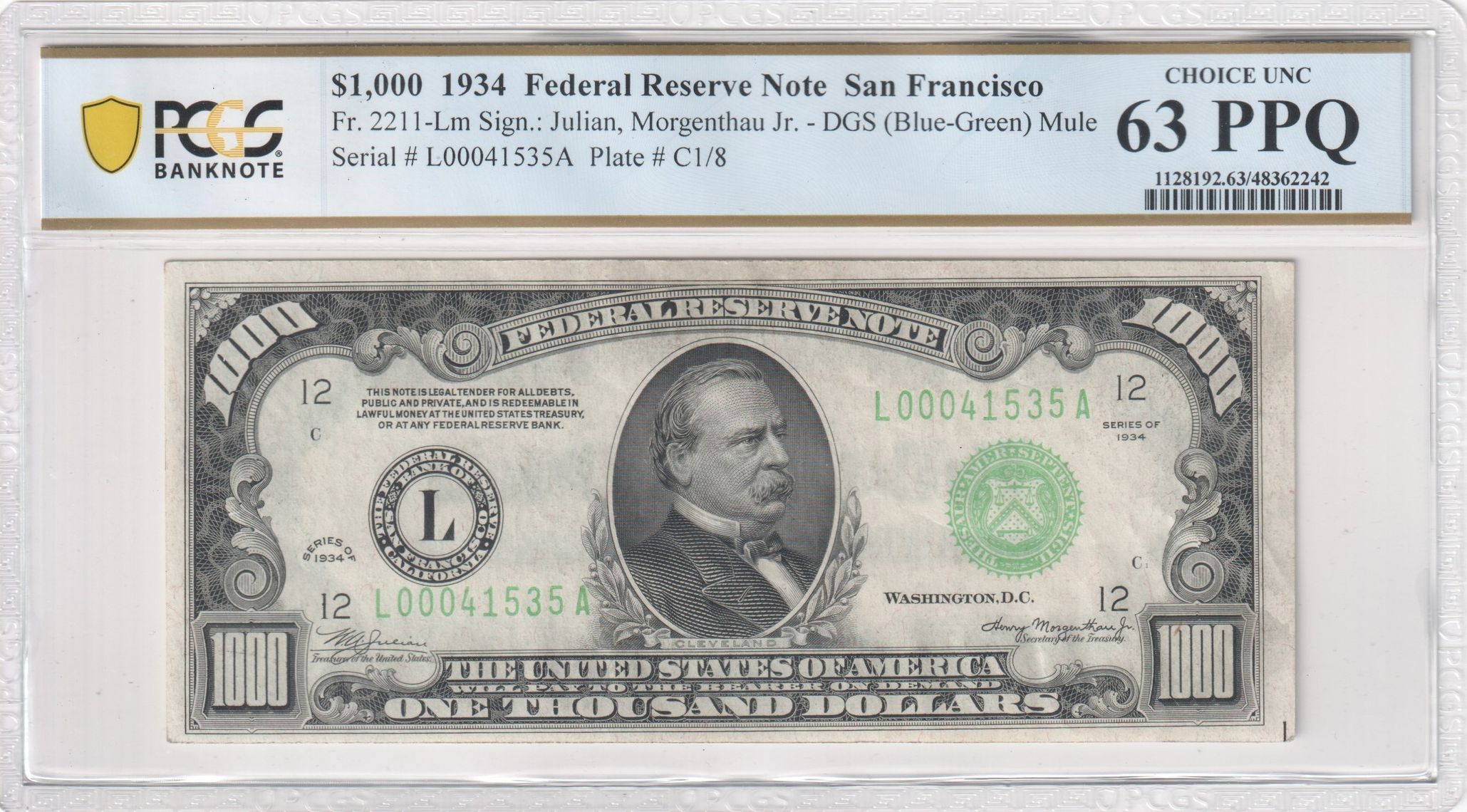 Fr. 2211-Lm 1934 $1,000 DGS (Blue-Green) Mule Federal Reserve Note San ...