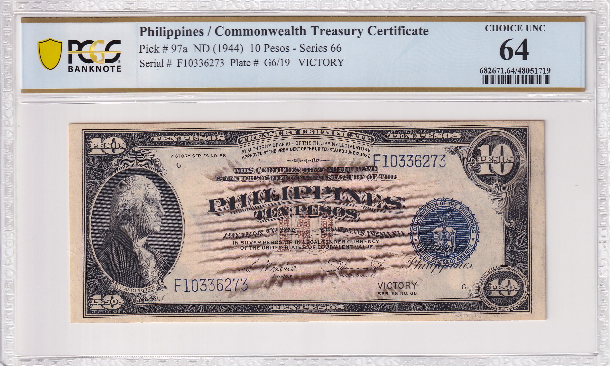 Pick # 97a ND (1944) 10 Pesos Commonwealth Treasury Certificate USBEP ...
