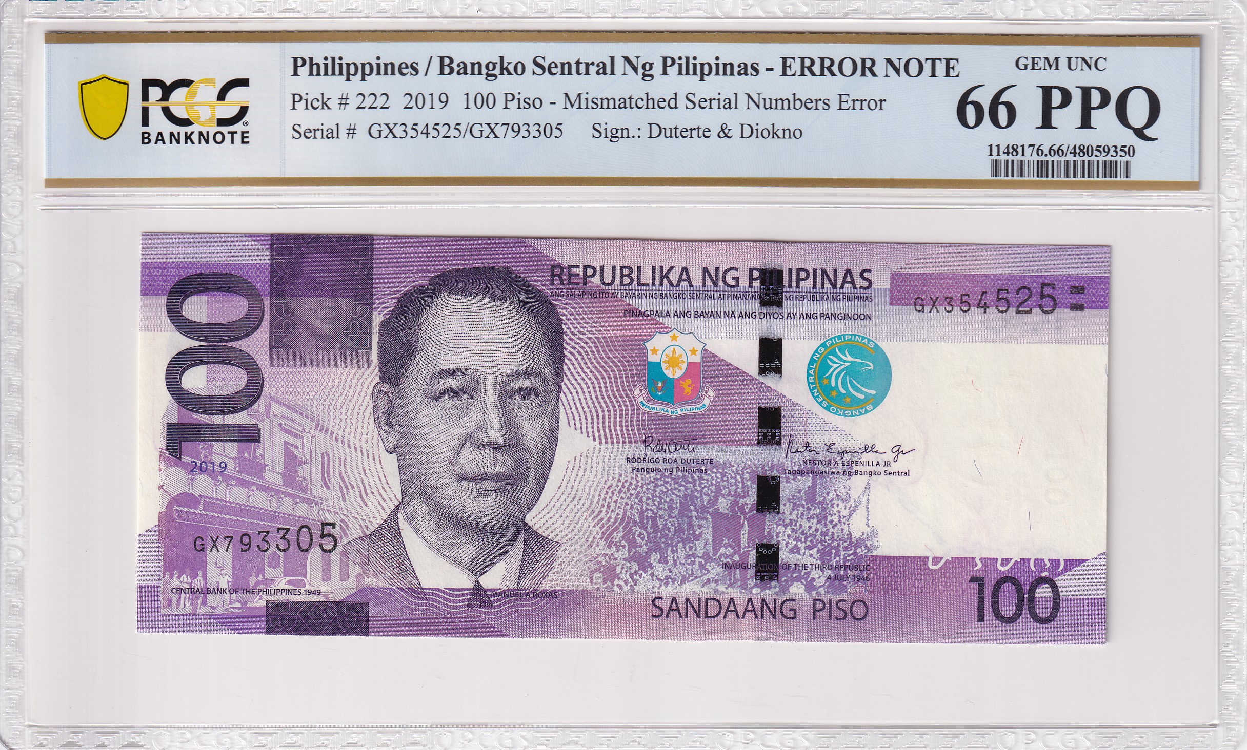 Pick # 222 2019 100 Piso ERROR NOTE Bangko Sentral Ng Pilipinas ...